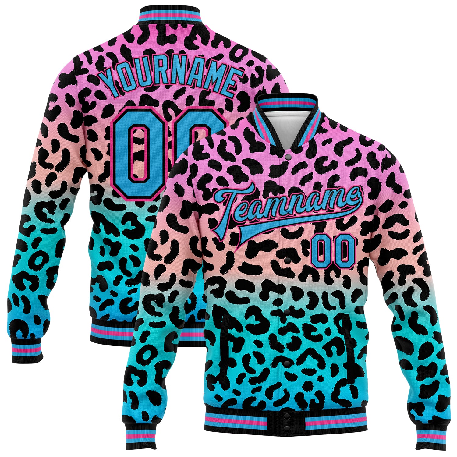 Custom Pink Sky Blue-Black Leopard Print 3D Pattern Design Bomber Full ...
