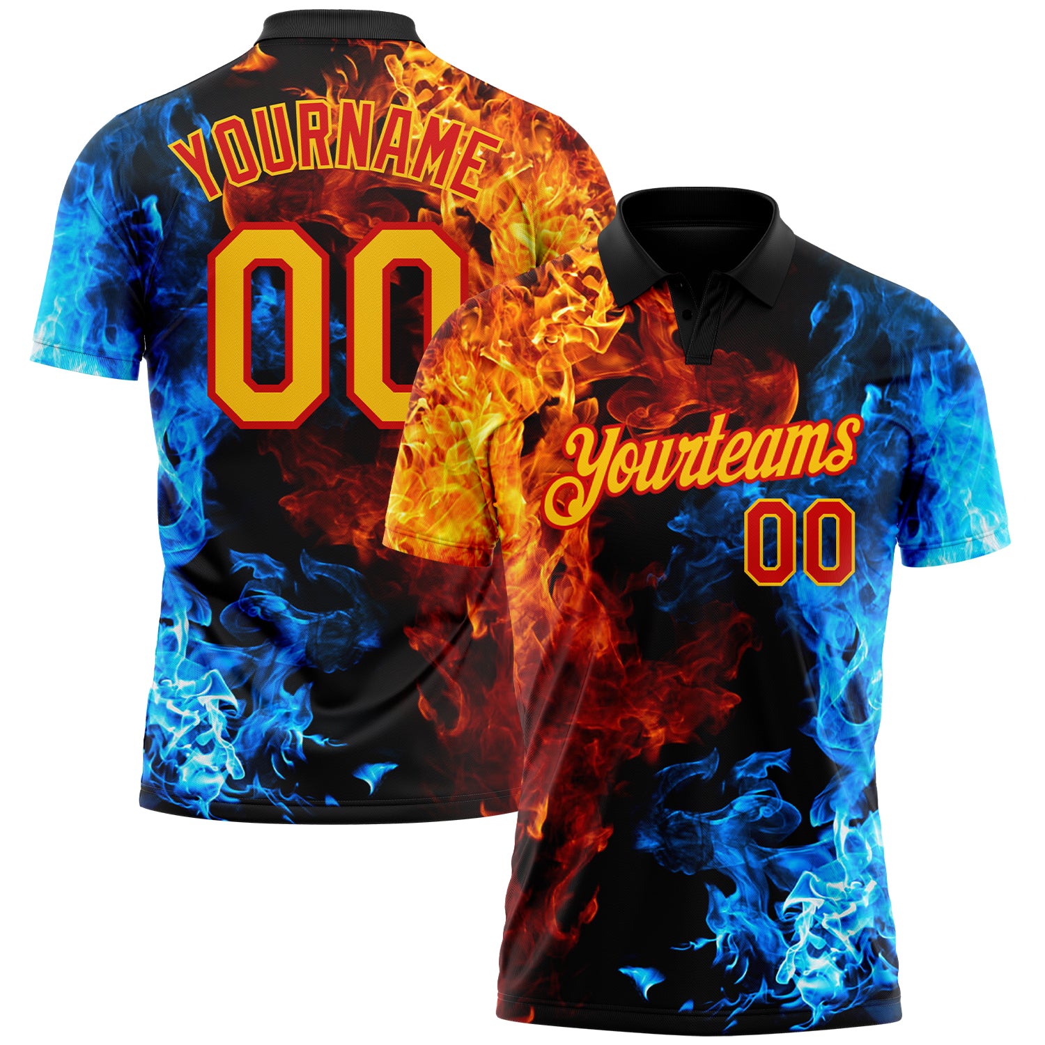 Custom Red Yellow 3D Pattern Design Flame Performance Golf Polo Shirt ...