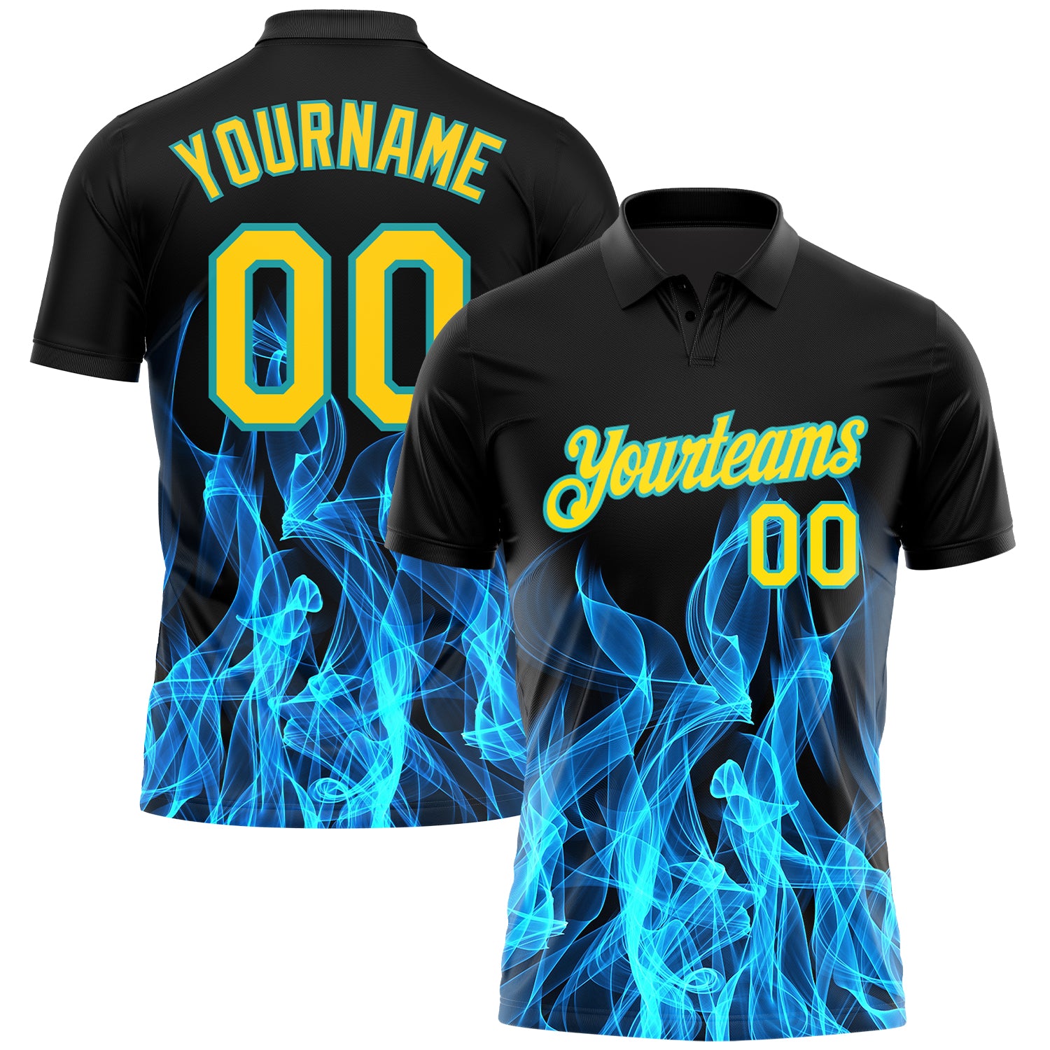 Custom Black Yellow-Teal 3D Pattern Design Flame Performance Golf Polo ...