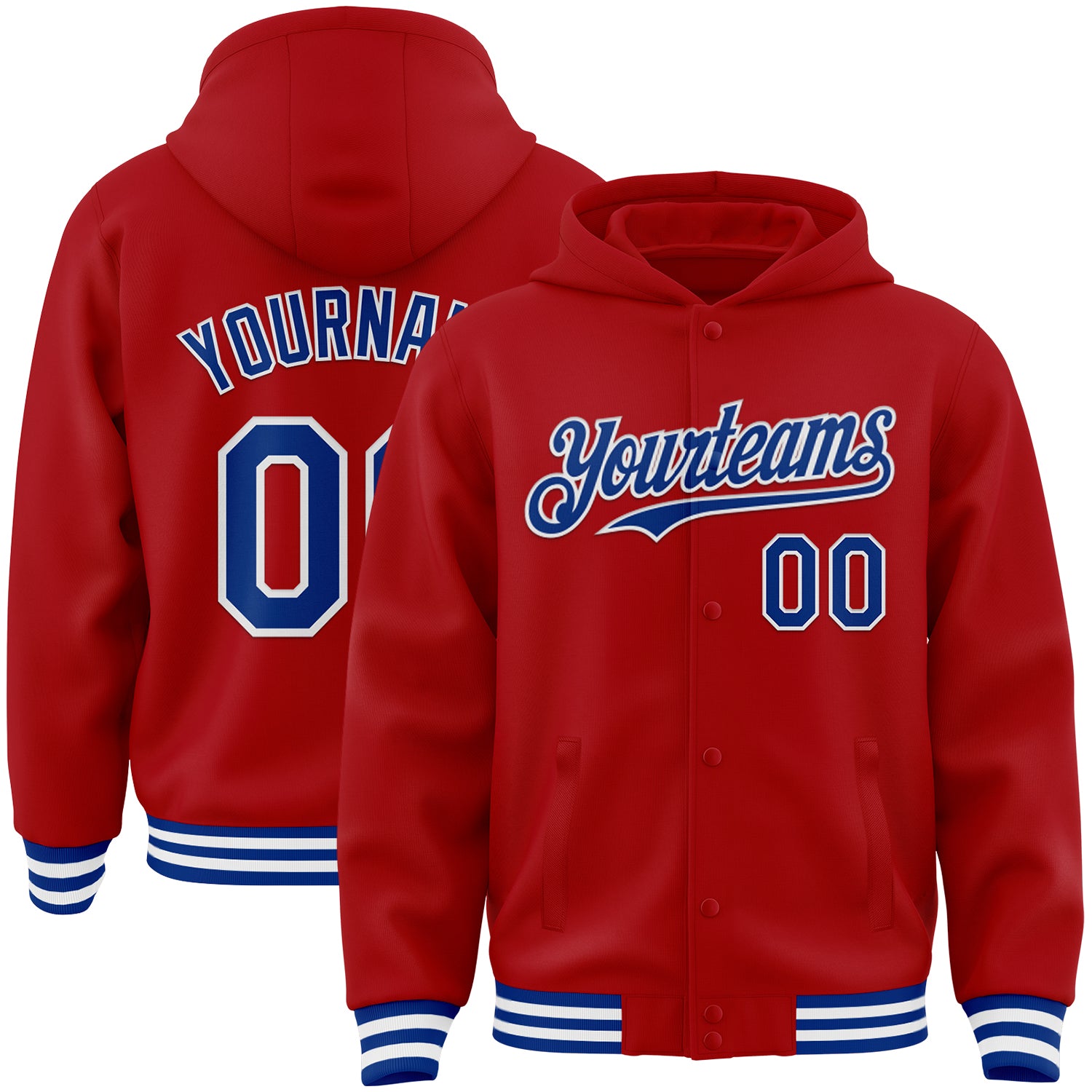 2024 Custom Red Royal-White Bomber Full-Snap Varsity Letterman Hoodie ...
