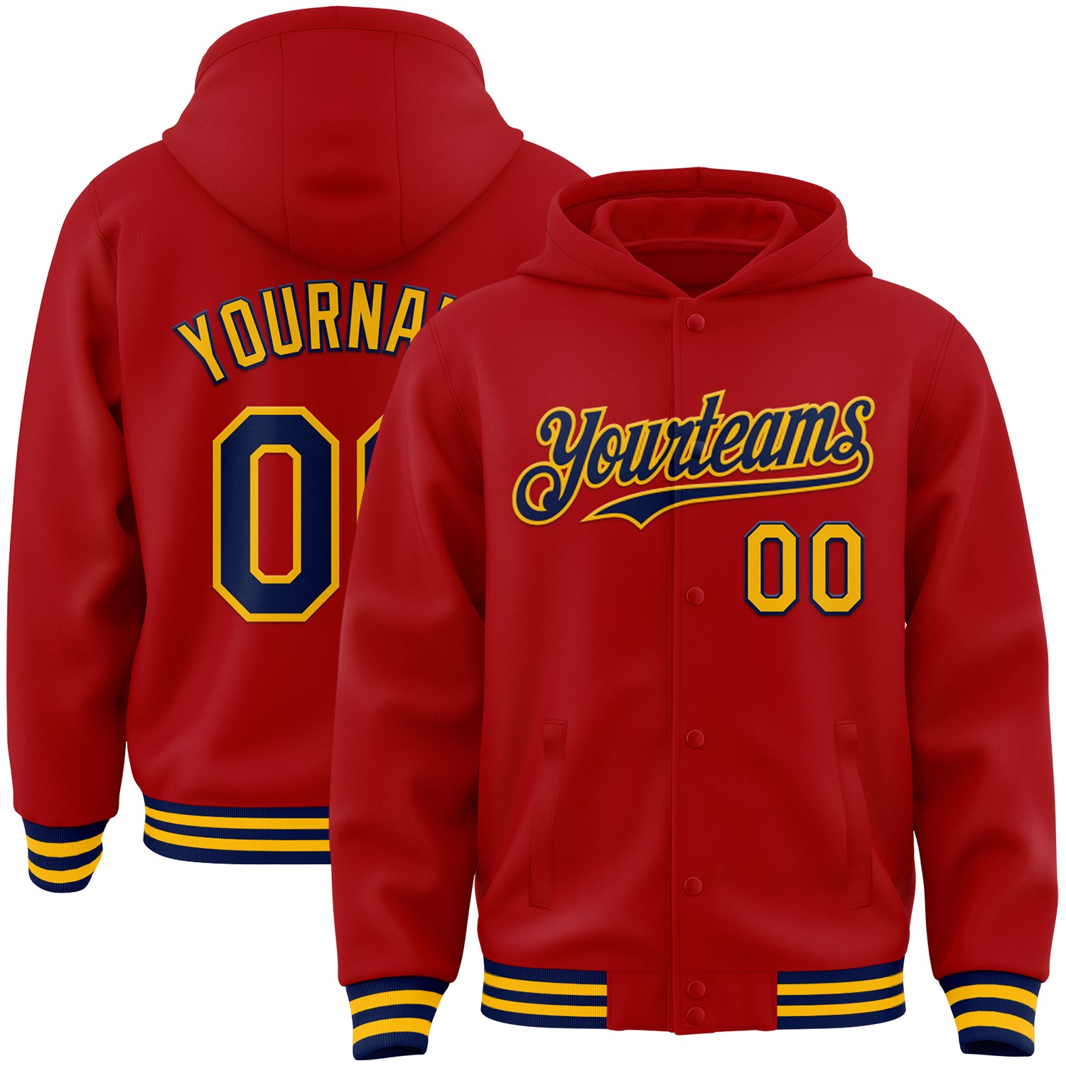 2024 Custom Red Navy-Gold Bomber Full-Snap Varsity Letterman Hoodie ...