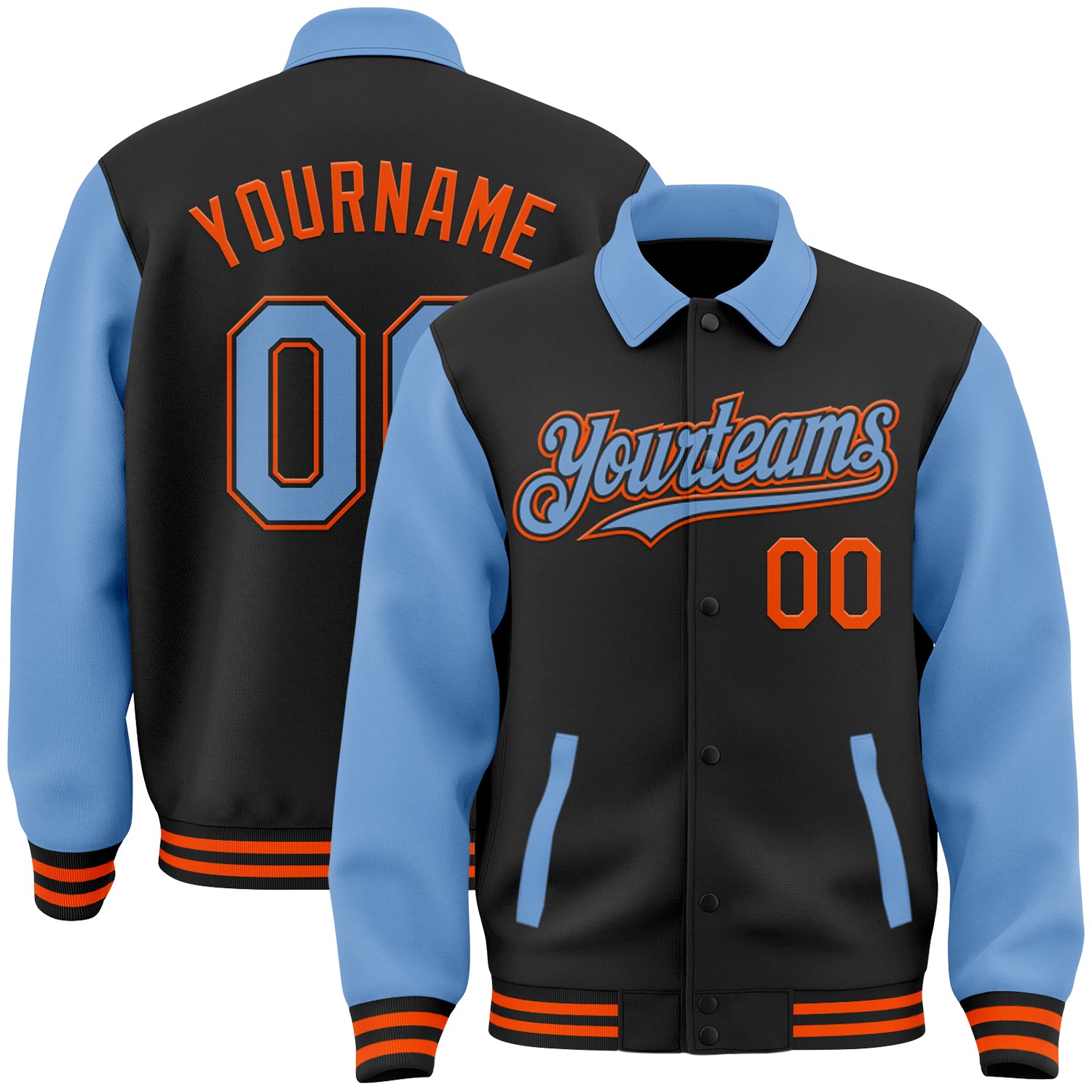 2024 Custom Black Light Blue-Orange Bomber Full-Snap Varsity Letterman ...