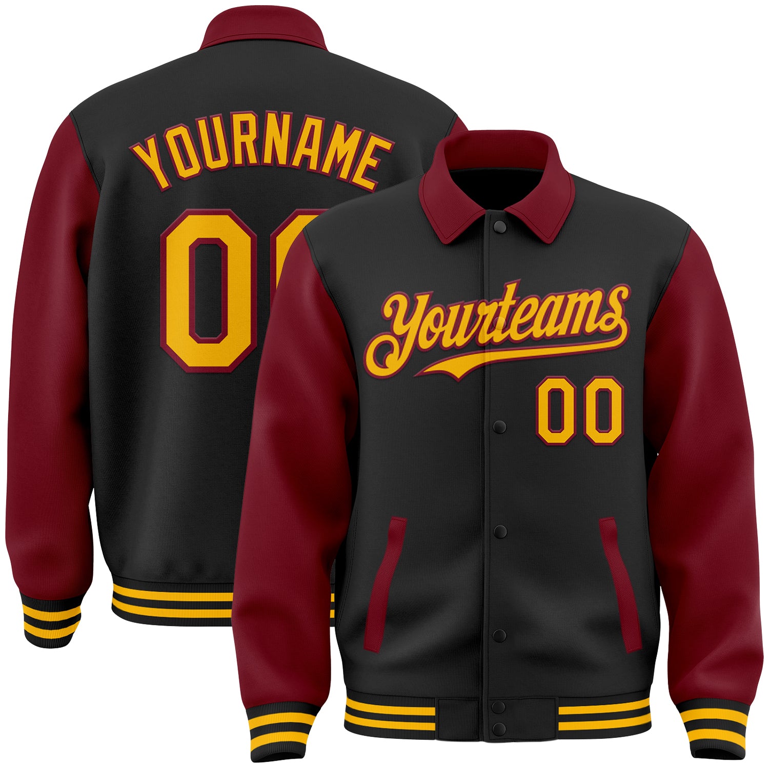 2024 Custom Black Gold-Crimson Bomber Full-Snap Varsity Letterman Two ...