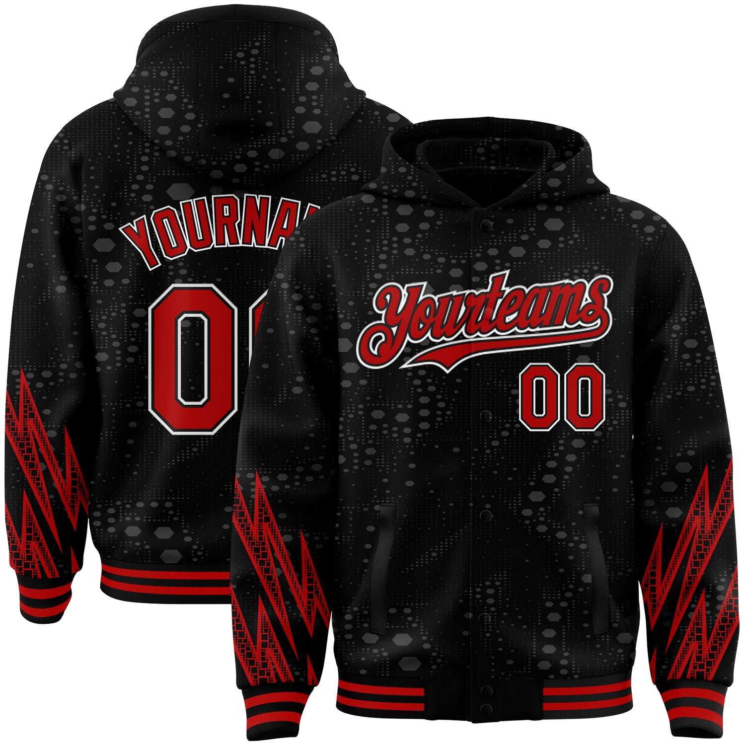 2024 Custom Black Red-White Geometric Shape 3D Pattern Design Bomber ...