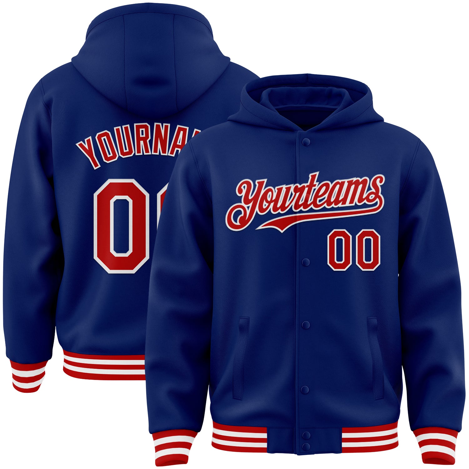 2024 Custom Royal Red-White Bomber Full-Snap Varsity Letterman Hoodie ...