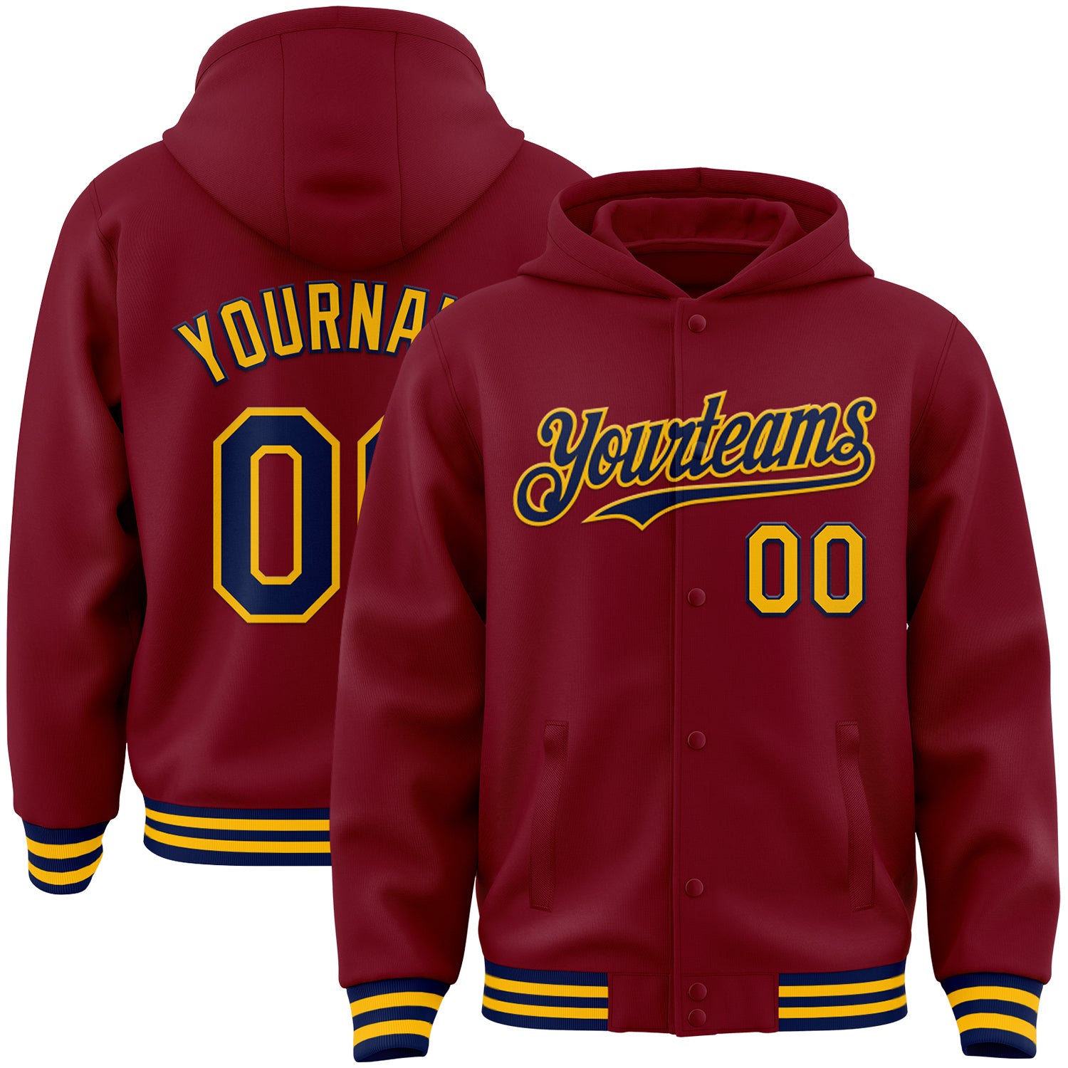 2024 Custom Crimson Navy-Gold Bomber Full-Snap Varsity Letterman Hoodie ...