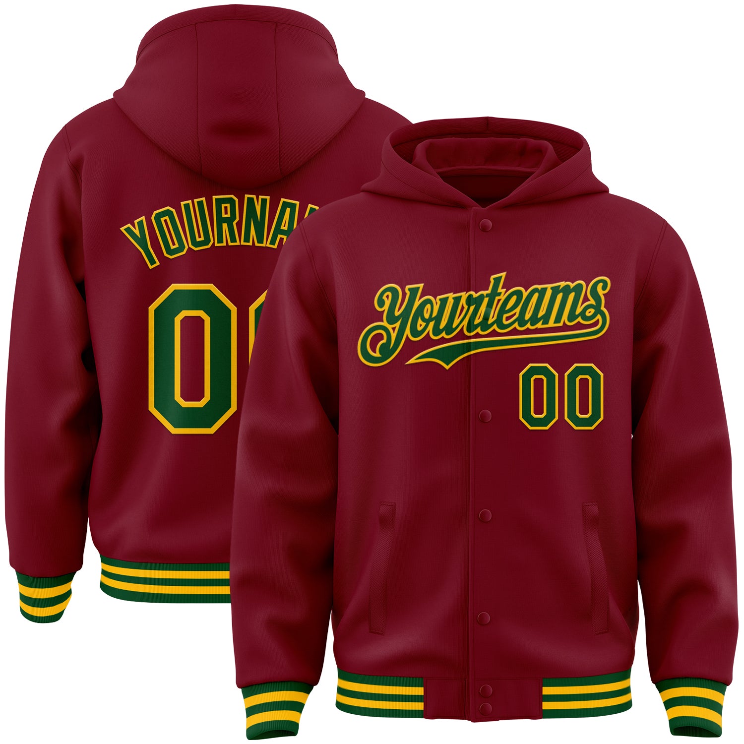 2024 Custom Crimson Green-Gold Bomber Full-Snap Varsity Letterman ...