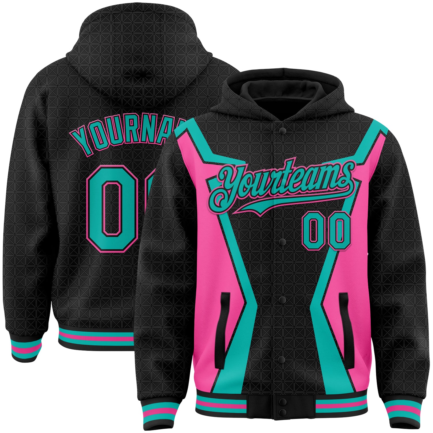 2024 Custom Black Aqua-Pink Arrow 3D Pattern Design Bomber Full-Snap ...