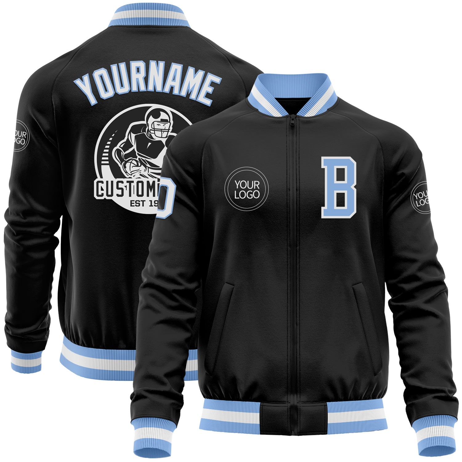 2024 Custom Black Light Blue-White Bomber Varsity Letterman Zipper ...