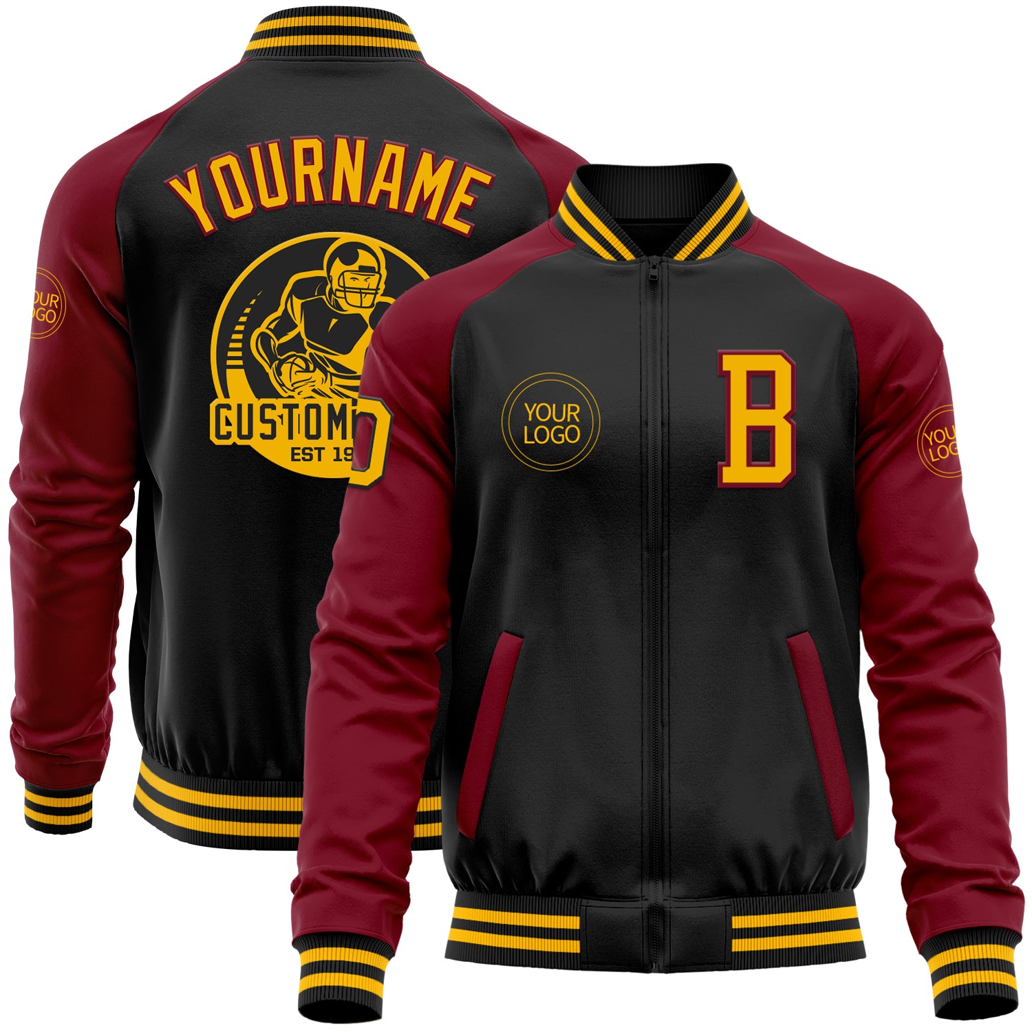 2024 Custom Black Gold-Crimson Bomber Varsity Letterman Two Tone Zipper ...