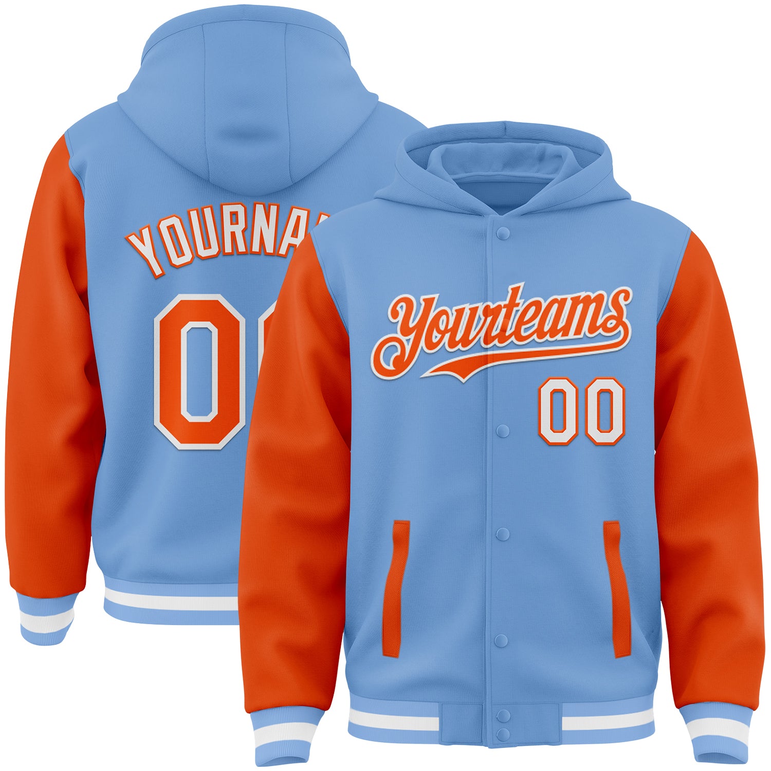 2024 Custom Light Blue Orange-White Bomber Full-Snap Varsity Letterman ...