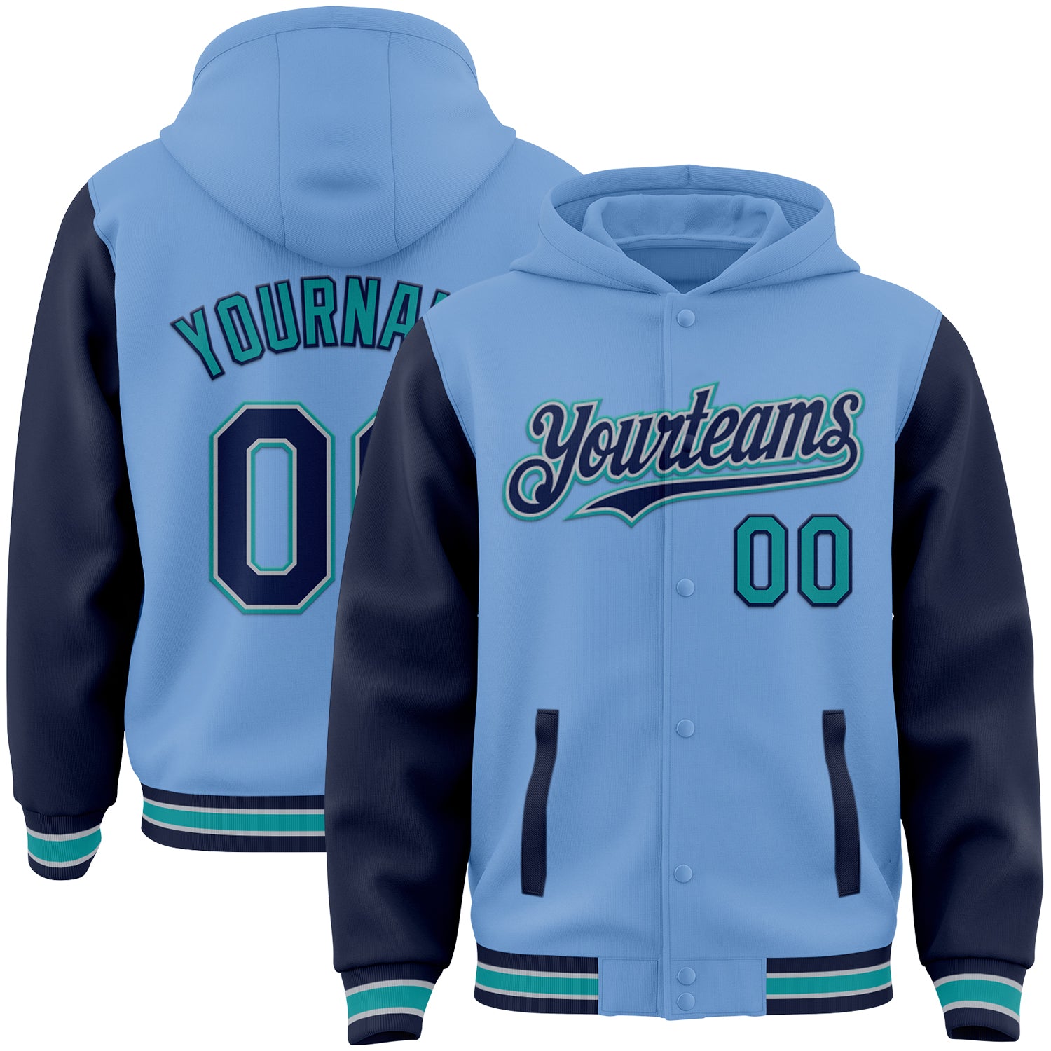 2024 Custom Light Blue Navy Gray-Teal Bomber Full-Snap Varsity ...