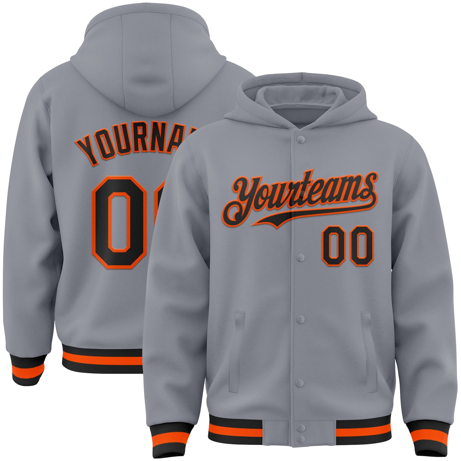 2024 Custom Gray Black-Orange Bomber Full-Snap Varsity Letterman Hoodie ...