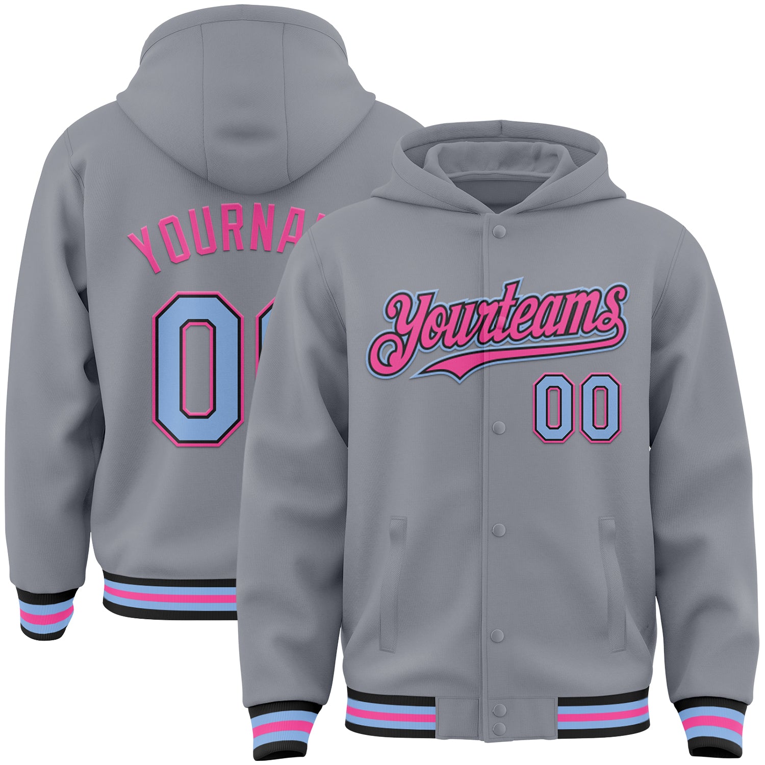 2024 Custom Gray Light Blue Black-Pink Bomber Full-Snap Varsity ...