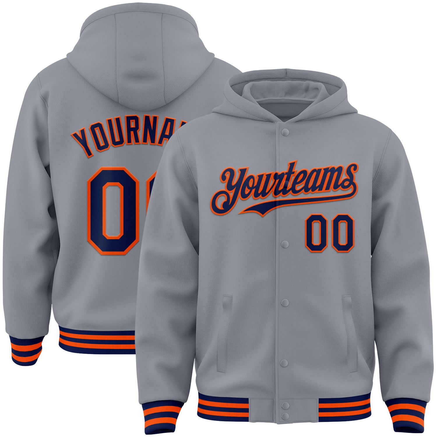 2024 Custom Gray Navy-Orange Bomber Full-Snap Varsity Letterman Hoodie ...