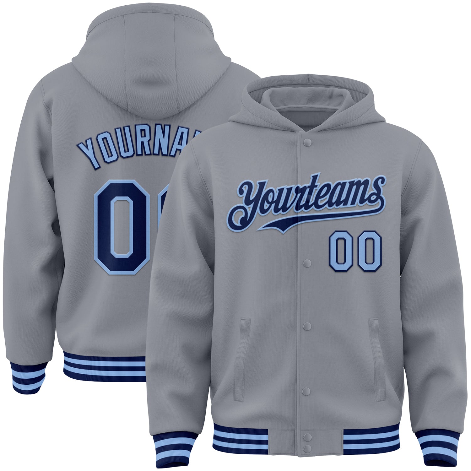 2024 Custom Gray Navy-Light Blue Bomber Full-Snap Varsity Letterman ...