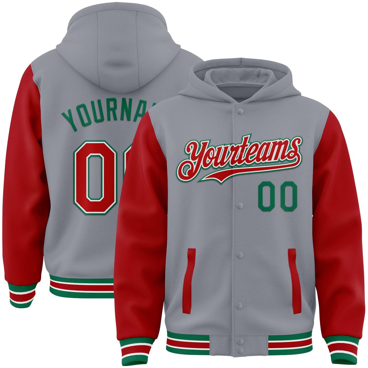 2024 Custom Gray Red-Kelly Green Bomber Full-Snap Varsity Letterman Two ...