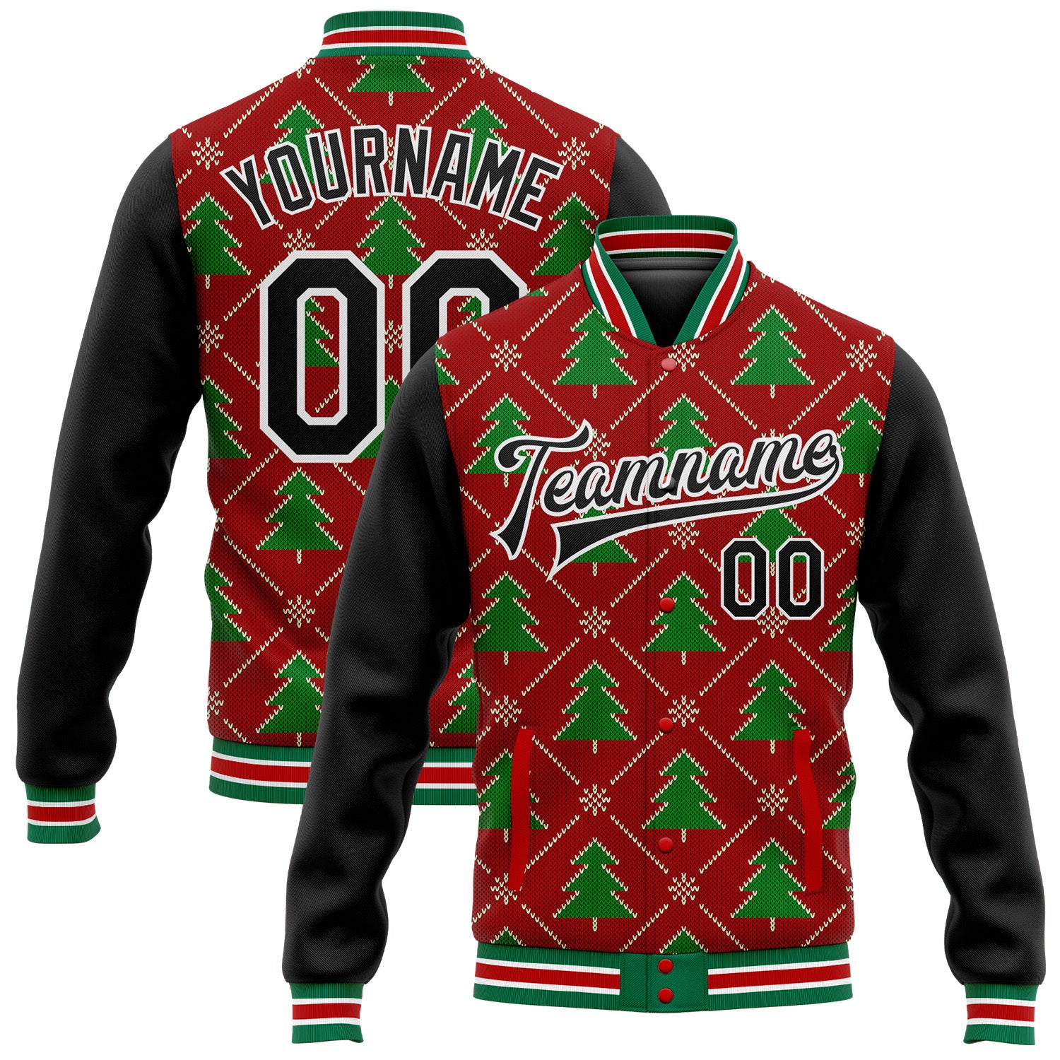 2024 Custom Red Black-Kelly Green Christmas 3D Bomber Full-Snap Varsity ...