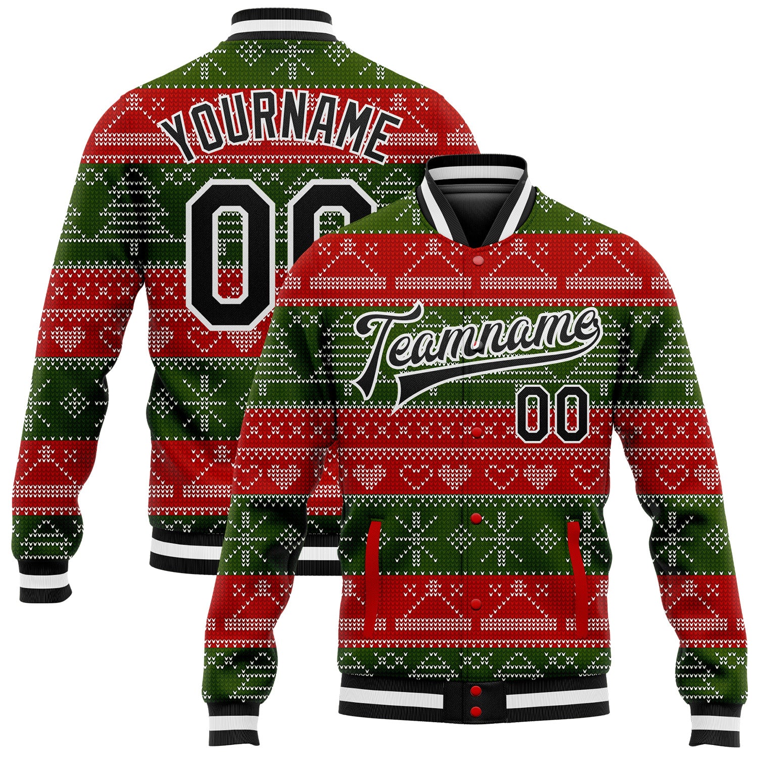 2024 Custom Red Black-Green Christmas 3D Bomber Full-Snap Varsity ...