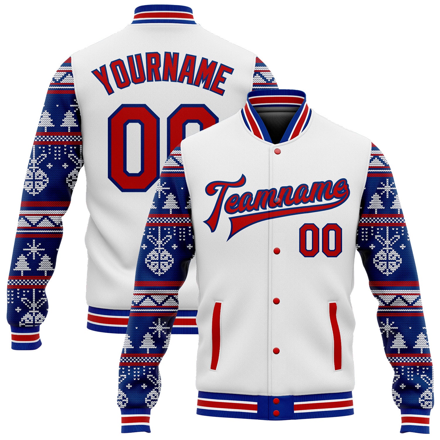 2024 Custom White Red-Royal Christmas 3D Bomber Full-Snap Varsity ...