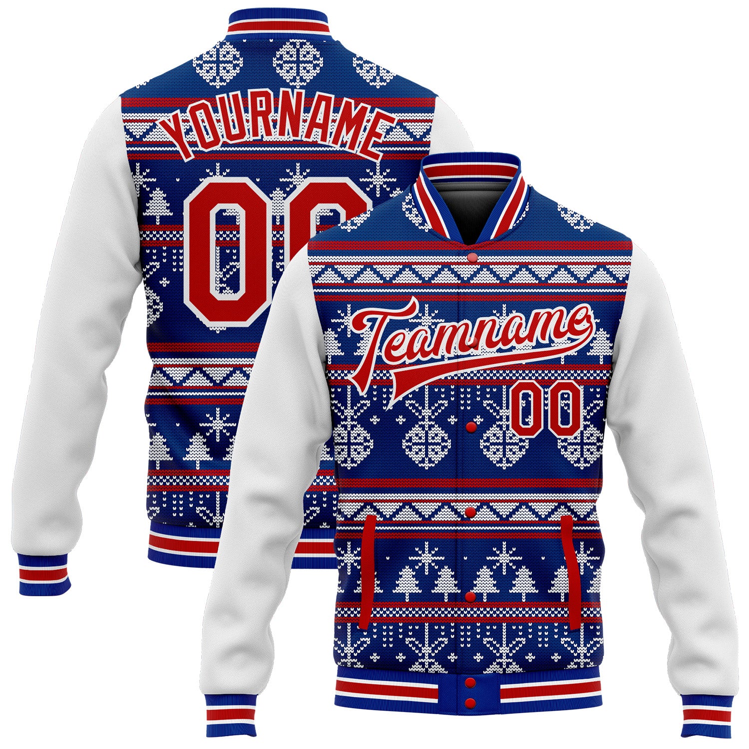 2024 Custom Royal Red-White Christmas 3D Bomber Full-Snap Varsity ...