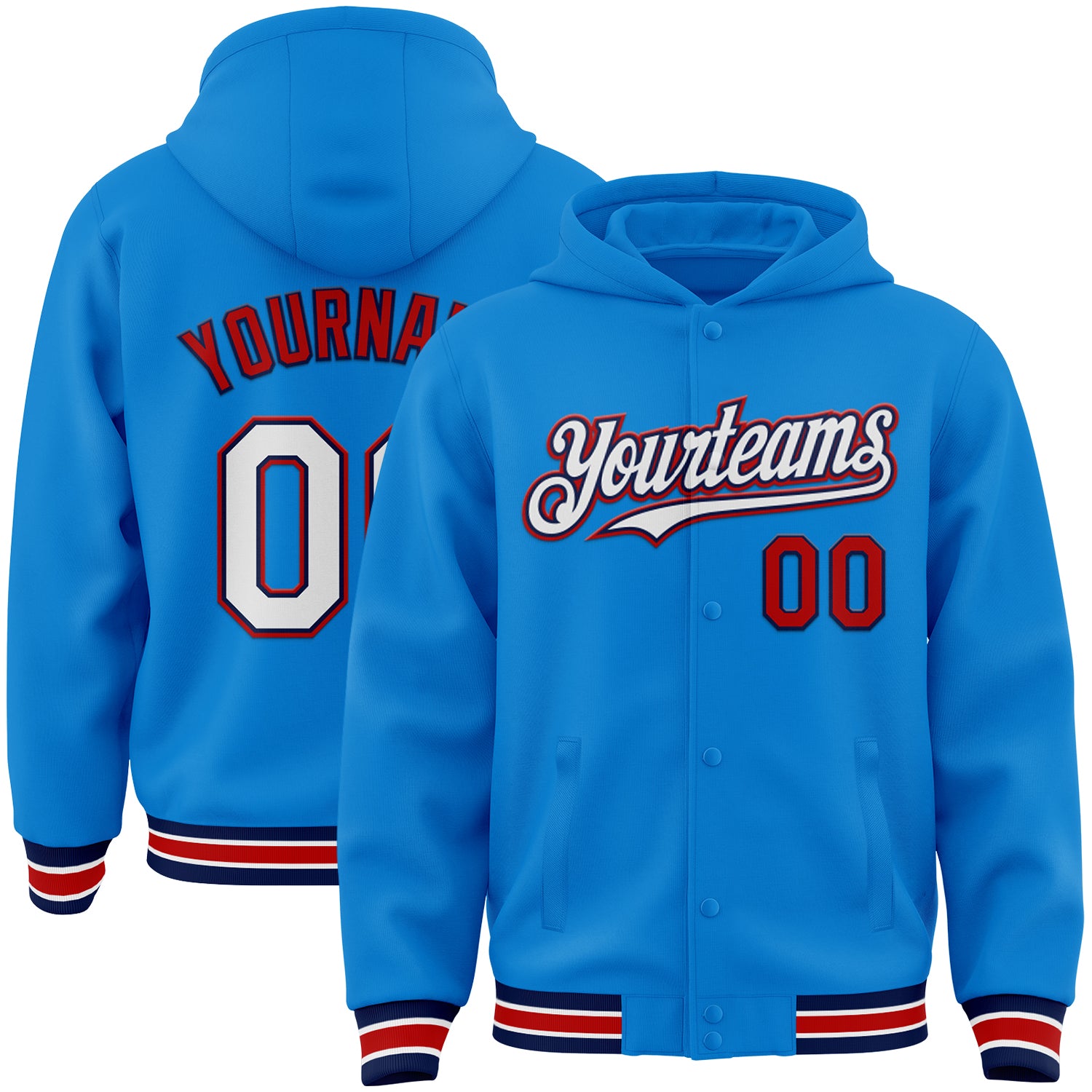 2024 Custom Powder Blue Navy-Red Bomber Full-Snap Varsity Letterman ...