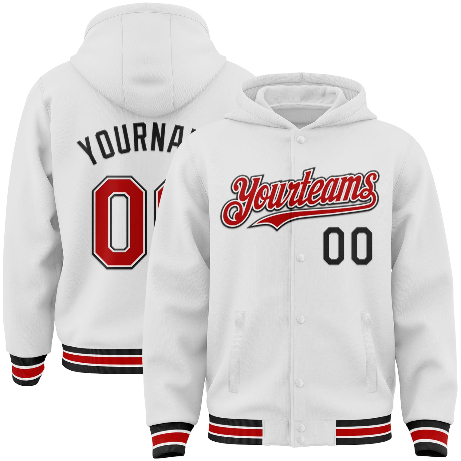 2024 Custom White Red-Black Bomber Full-Snap Varsity Letterman Hoodie ...