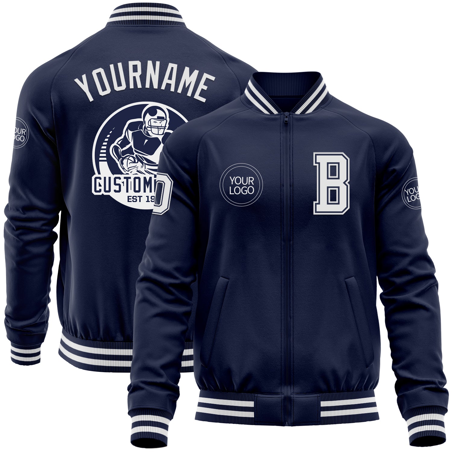 2025 Custom Navy White Bomber Varsity Letterman Zipper Jacket Sale ...