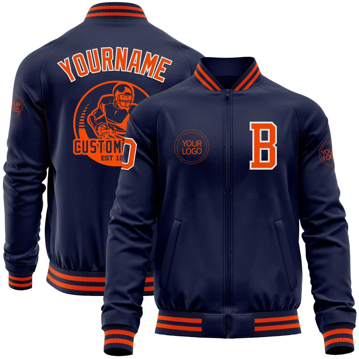 2025 Custom Navy Orange-White Bomber Varsity Letterman Zipper Jacket ...
