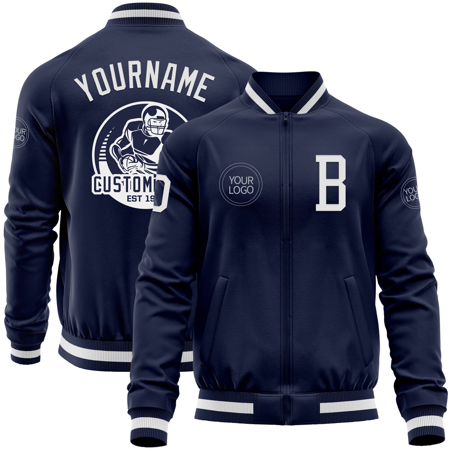 2025 Custom Navy White Bomber Varsity Letterman Zipper Jacket Sale ...