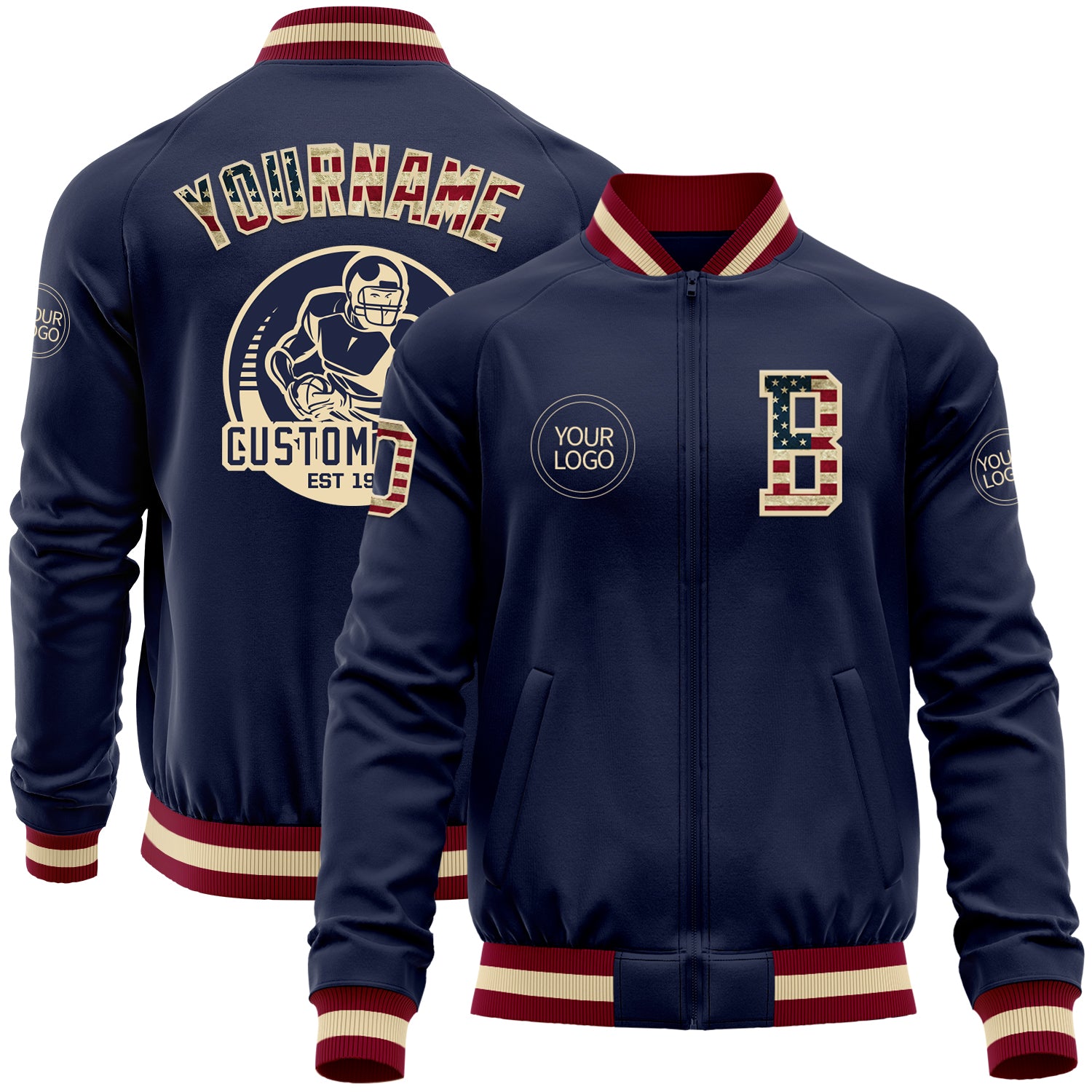 2025 Custom Navy Vintage USA Flag Cream-Maroon Bomber Varsity Letterman ...