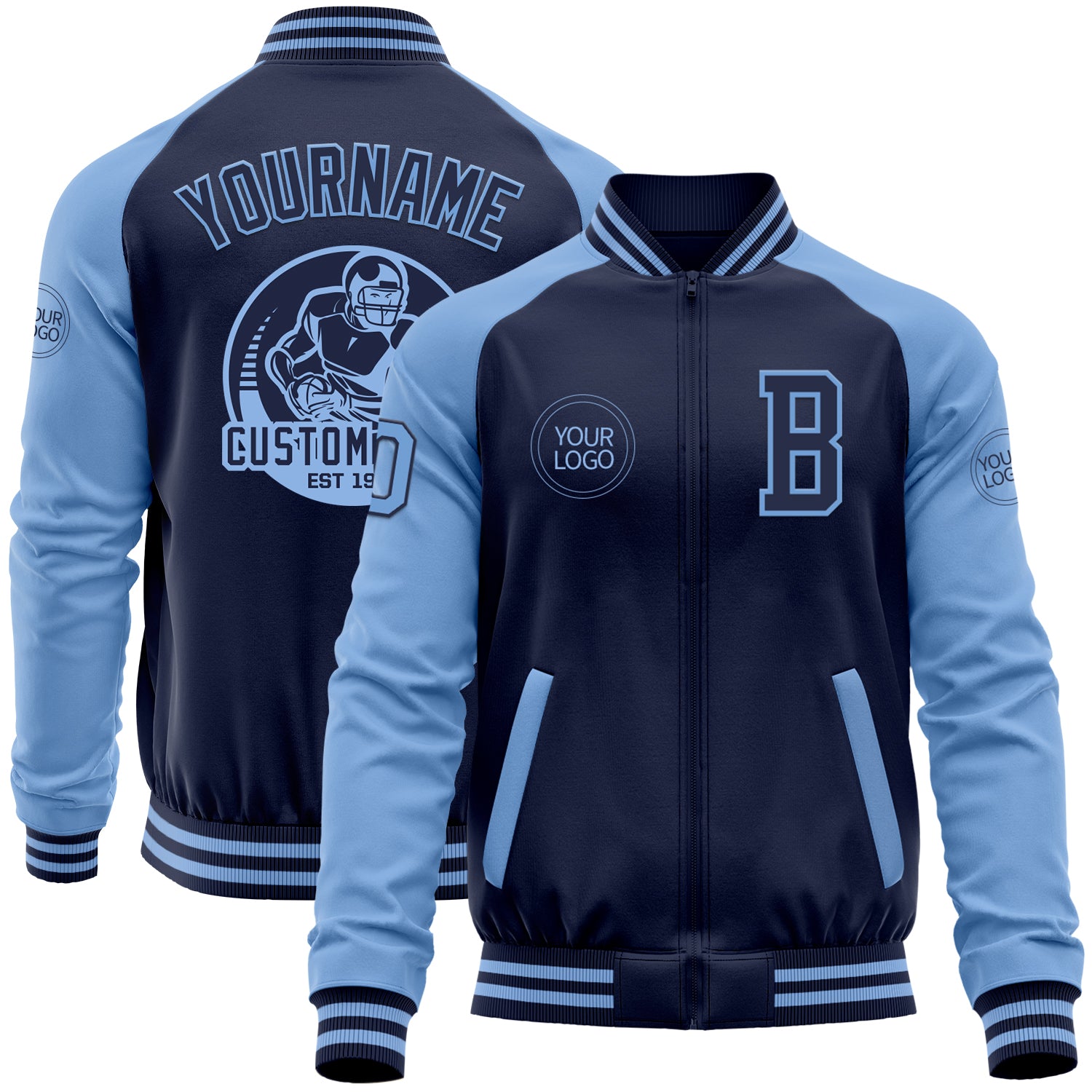 2025 Custom Navy Light Blue Bomber Varsity Letterman Two Tone Zipper ...