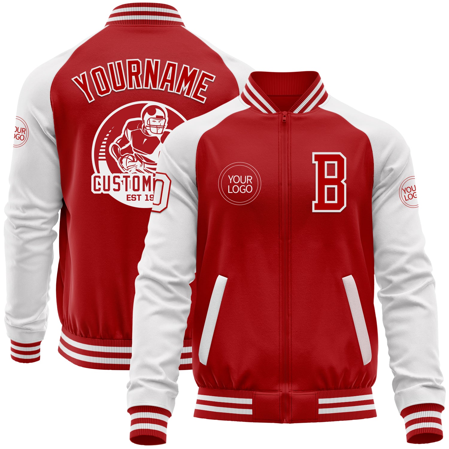 2025 Custom Red White Bomber Varsity Letterman Two Tone Zipper Jacket ...