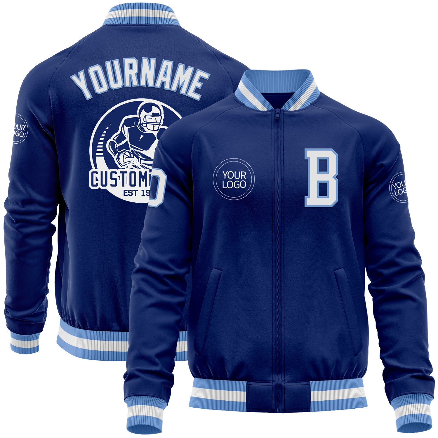 2025 Custom Royal White-Light Blue Bomber Varsity Letterman Zipper ...
