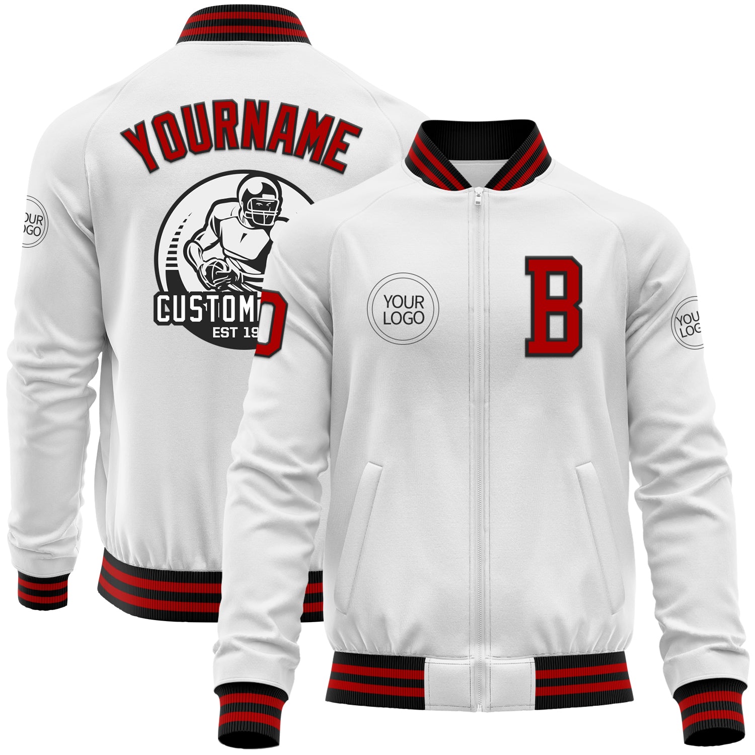 2025 Custom White Red-Black Bomber Varsity Letterman Zipper Jacket Sale ...