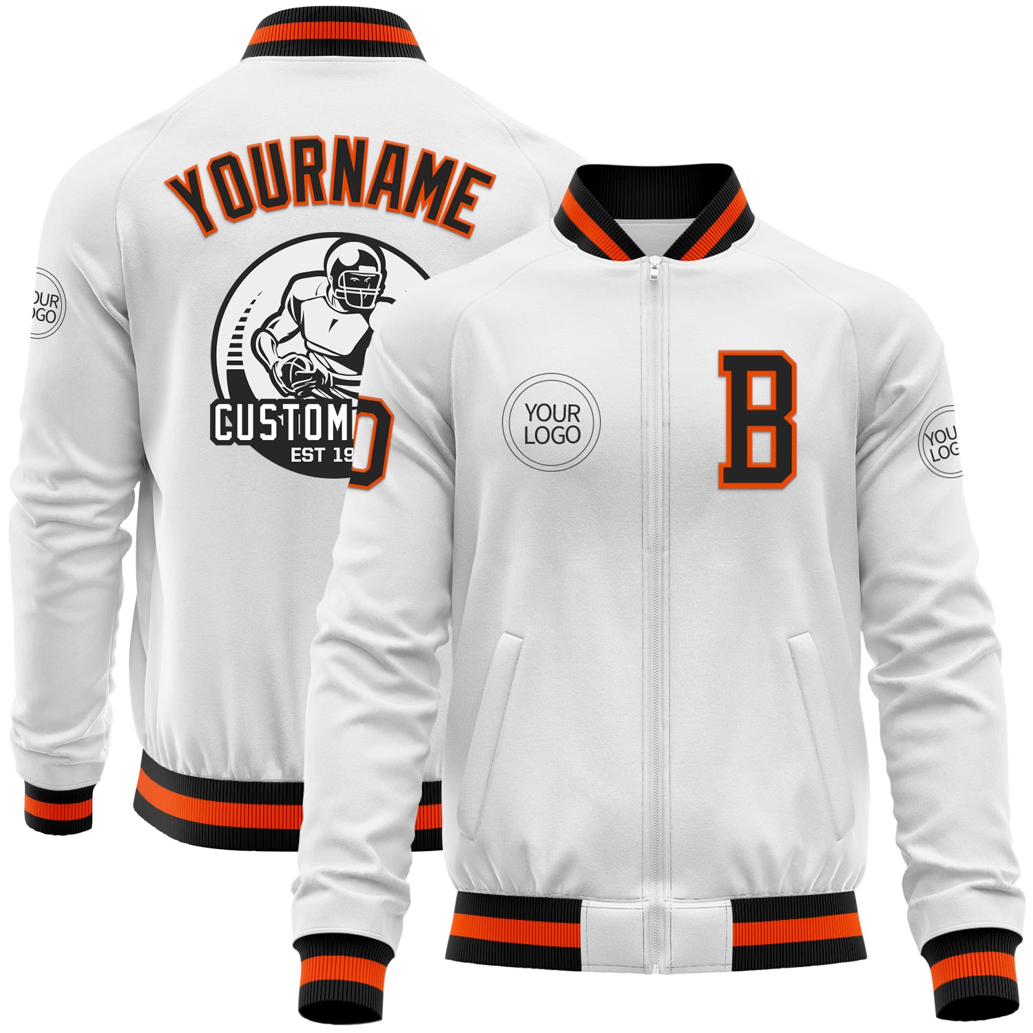 2025 Custom White Black-Orange Bomber Varsity Letterman Zipper Jacket ...