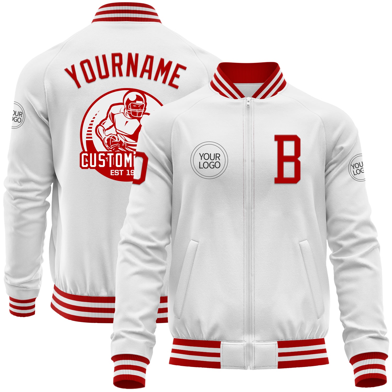 2025 Custom White Red Bomber Varsity Letterman Zipper Jacket Sale ...