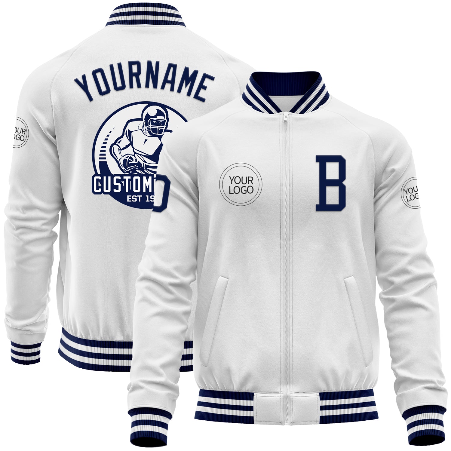 2025 Custom White Navy Bomber Varsity Letterman Zipper Jacket Sale ...