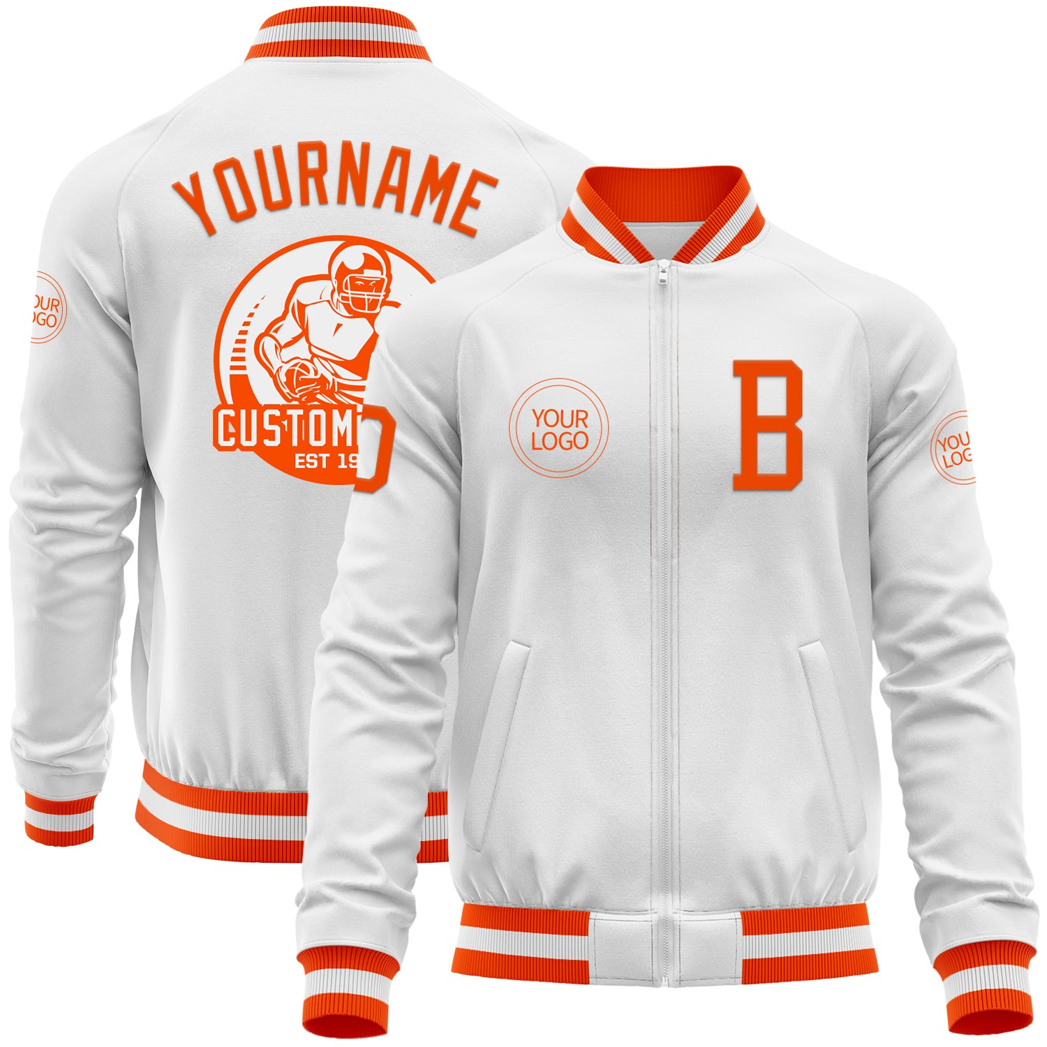 2025 Custom White Orange Bomber Varsity Letterman Zipper Jacket Sale ...