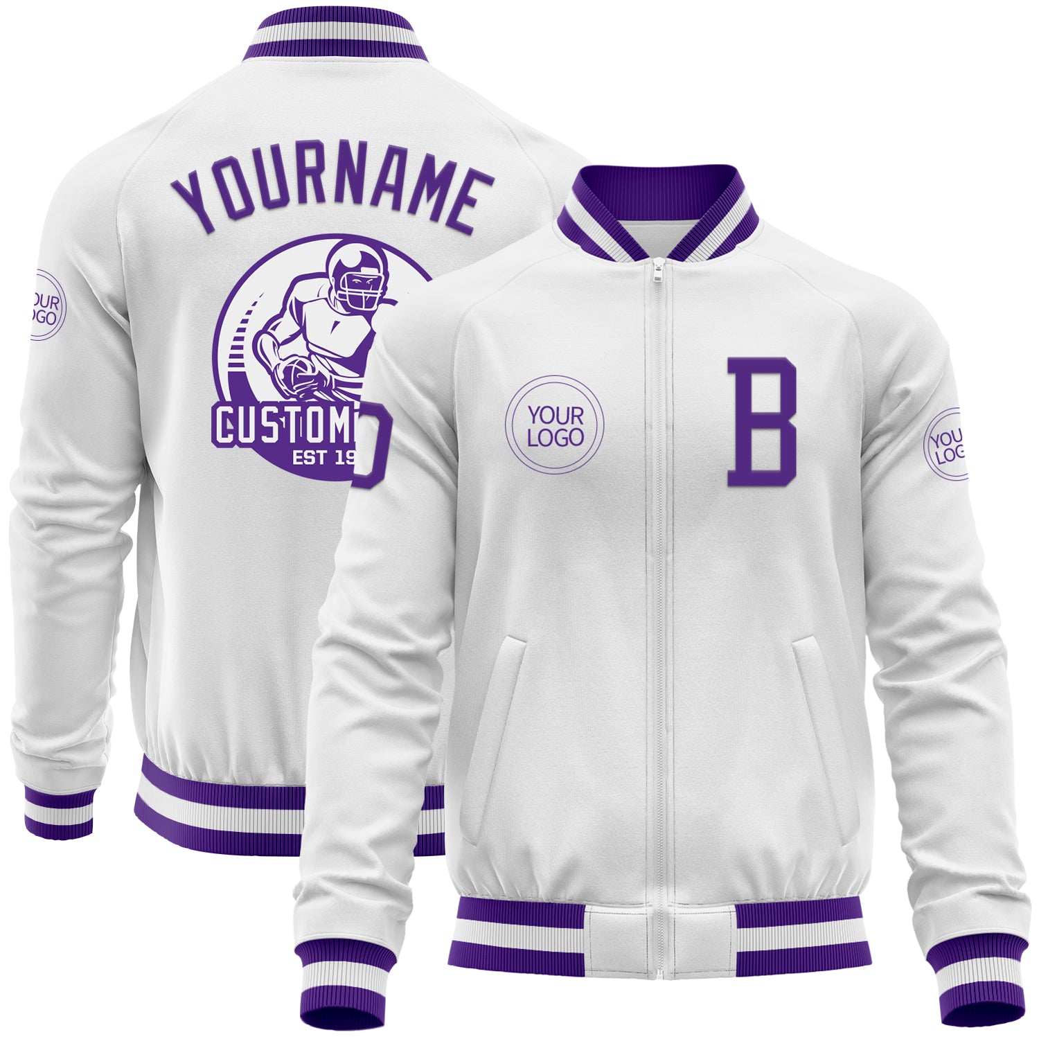 2025 Custom White Purple Bomber Varsity Letterman Zipper Jacket Sale ...