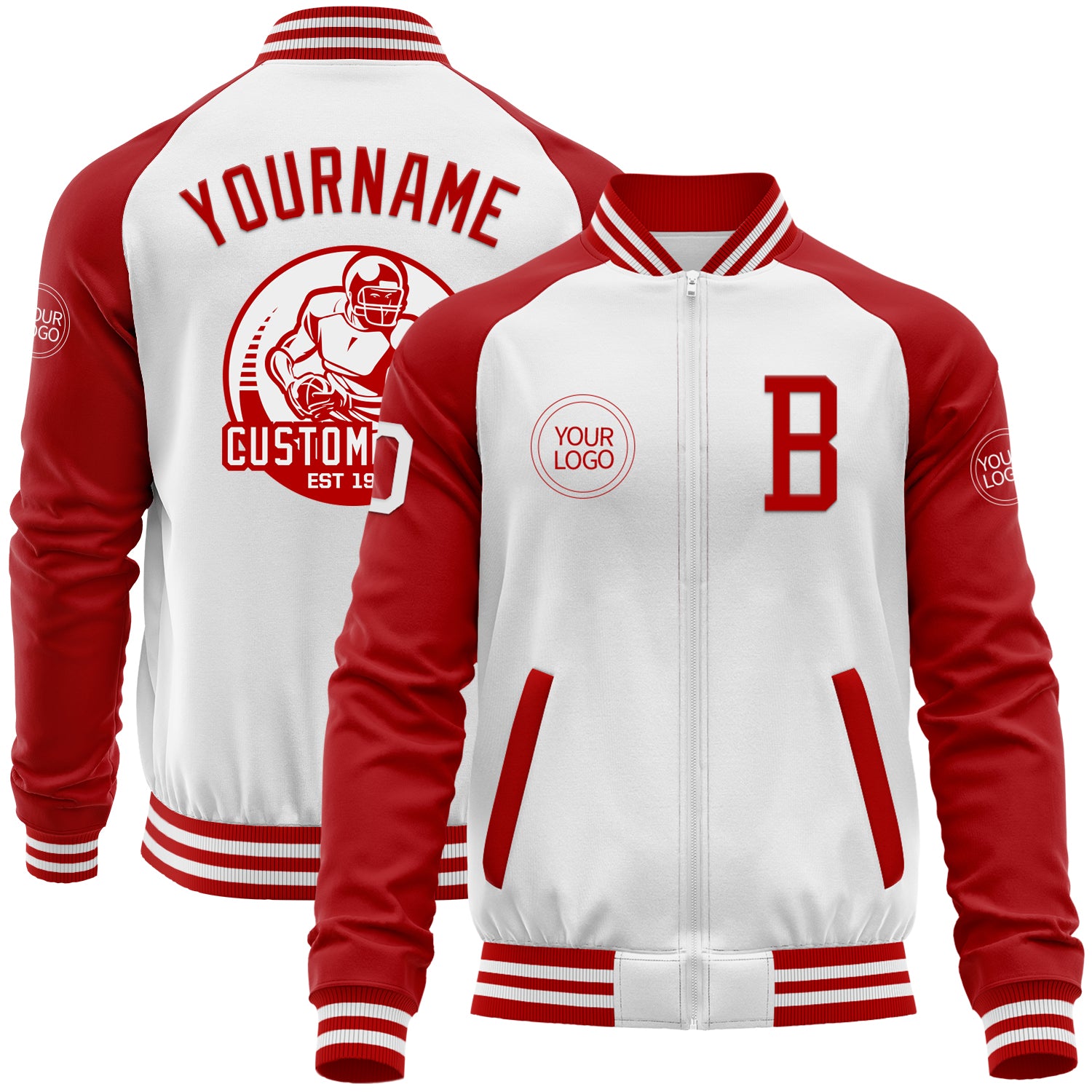 2025 Custom White Red Bomber Varsity Letterman Two Tone Zipper Jacket ...