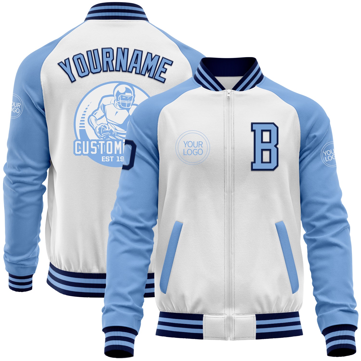 2025 Custom White Navy-Light Blue Bomber Varsity Letterman Two Tone ...