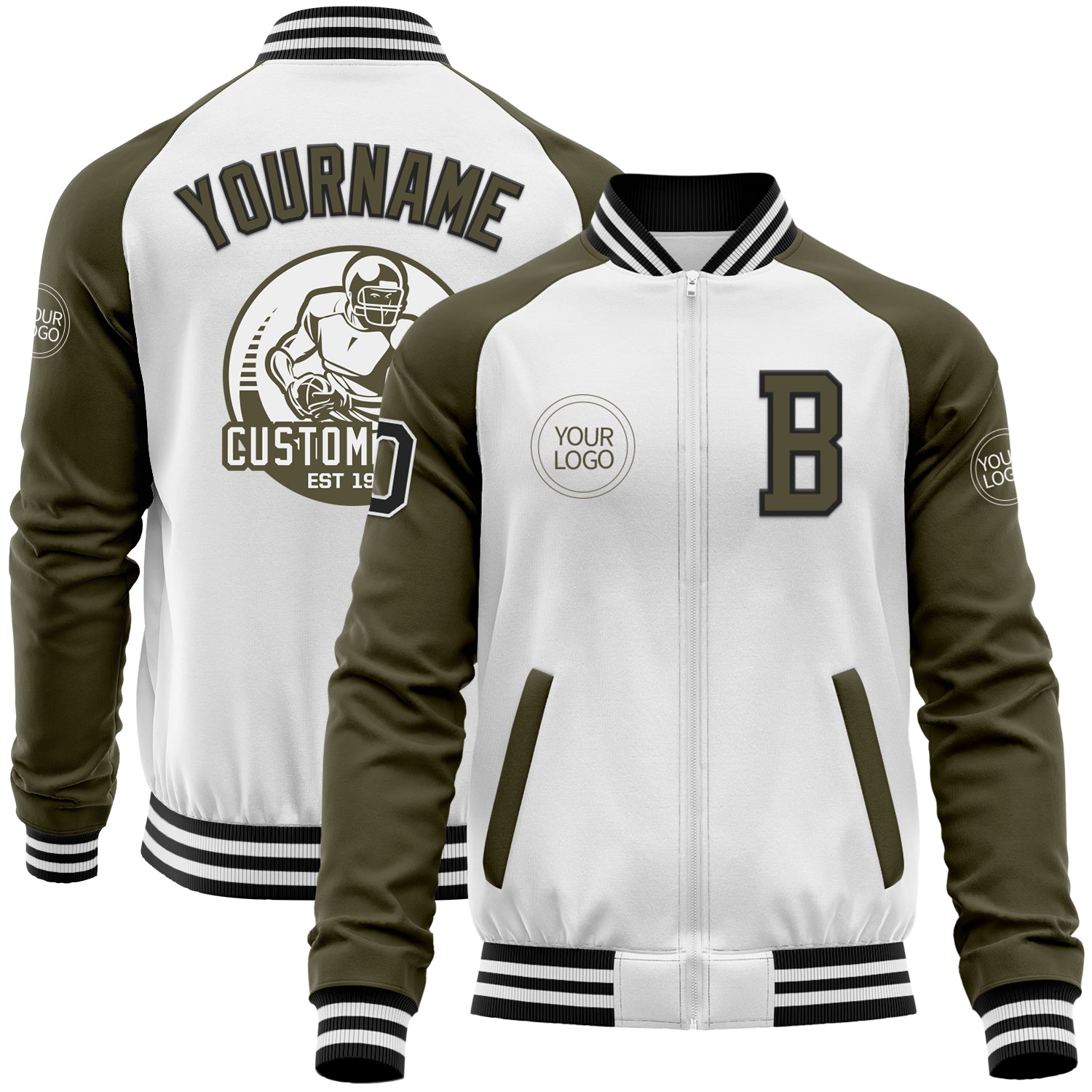 2025 Custom White Black-Olive Bomber Varsity Letterman Two Tone Zipper ...