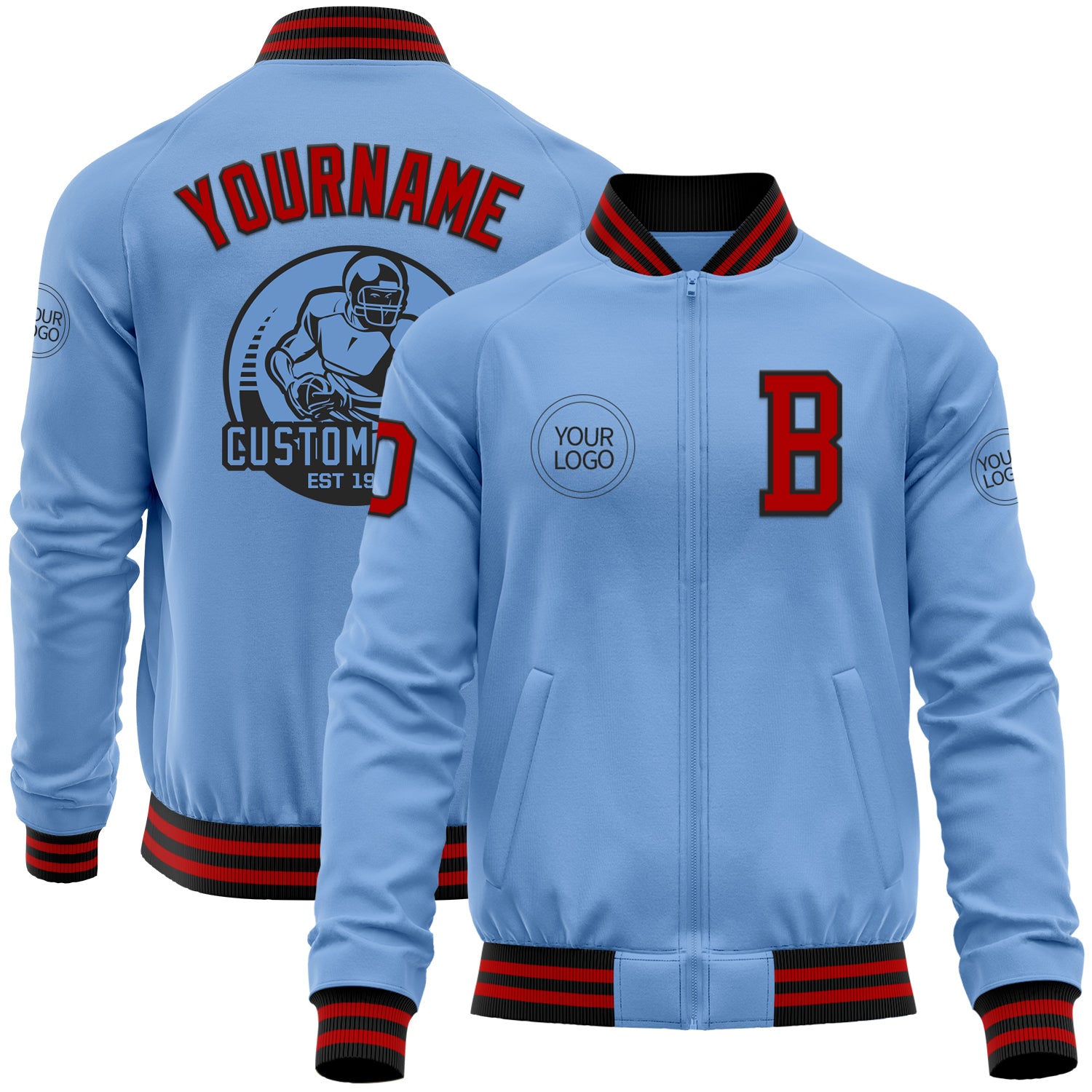 2025 Custom Light Blue Red-Black Bomber Varsity Letterman Zipper Jacket ...