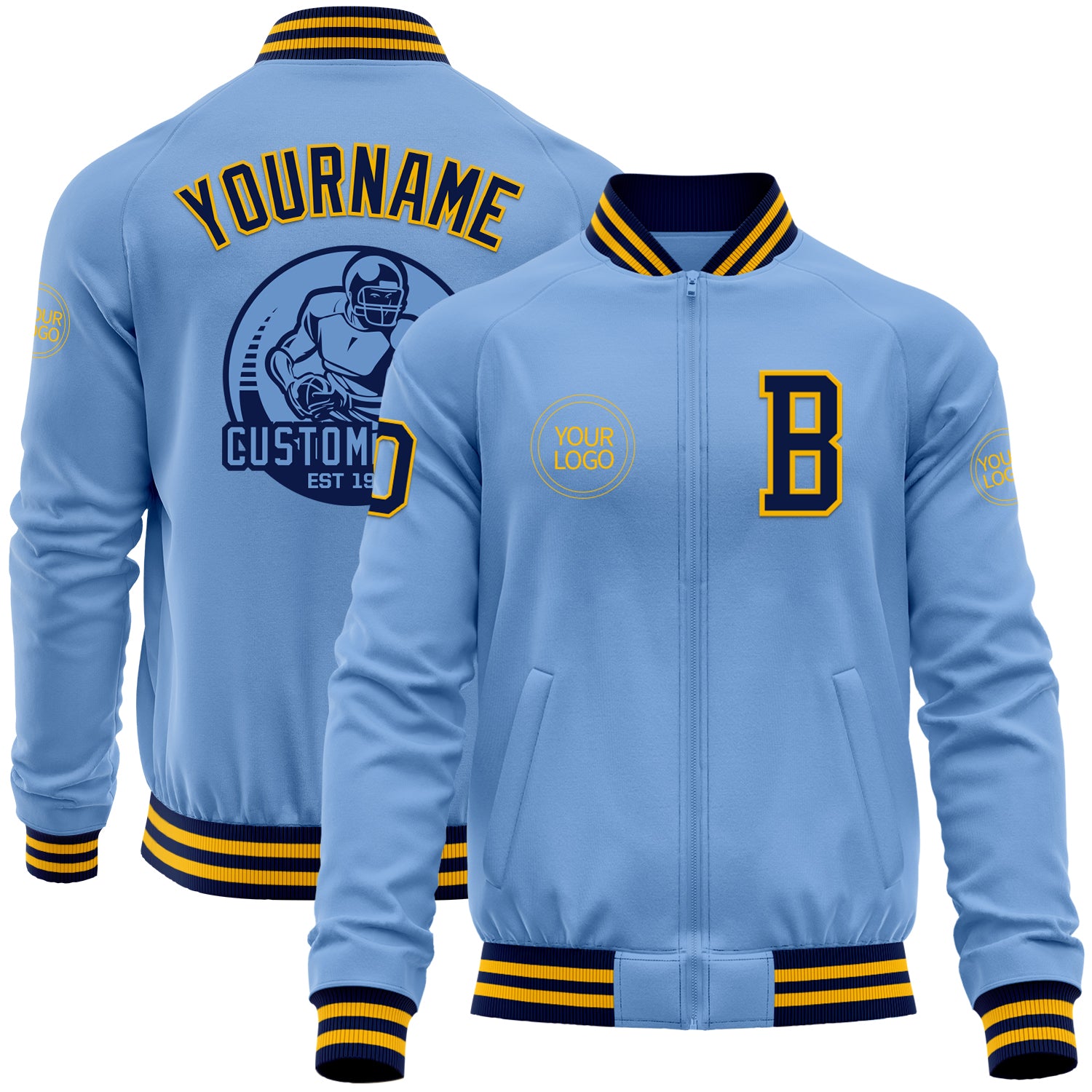 2025 Custom Light Blue Navy-Gold Bomber Varsity Letterman Zipper Jacket ...