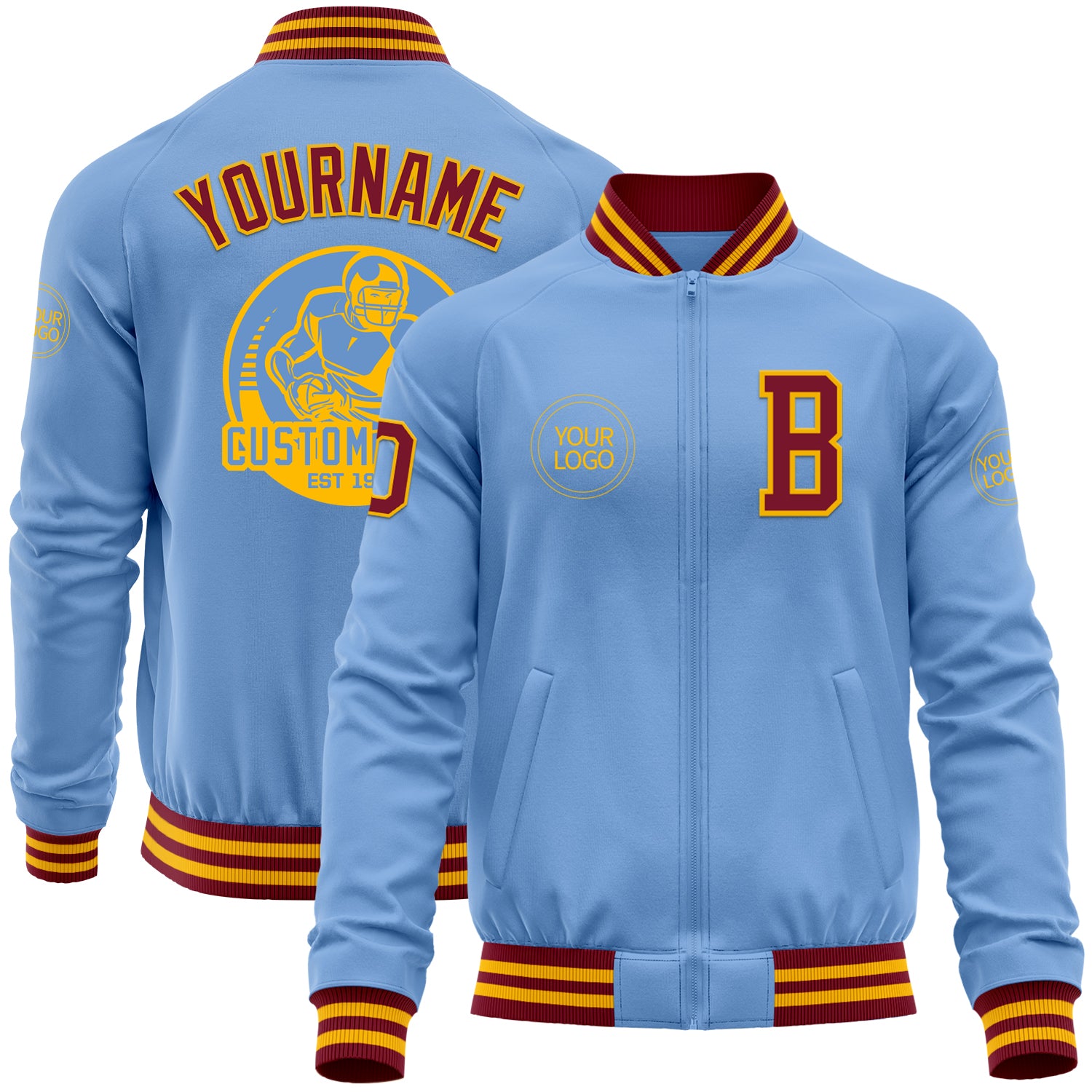 2025 Custom Light Blue Crimson-Gold Bomber Varsity Letterman Zipper ...