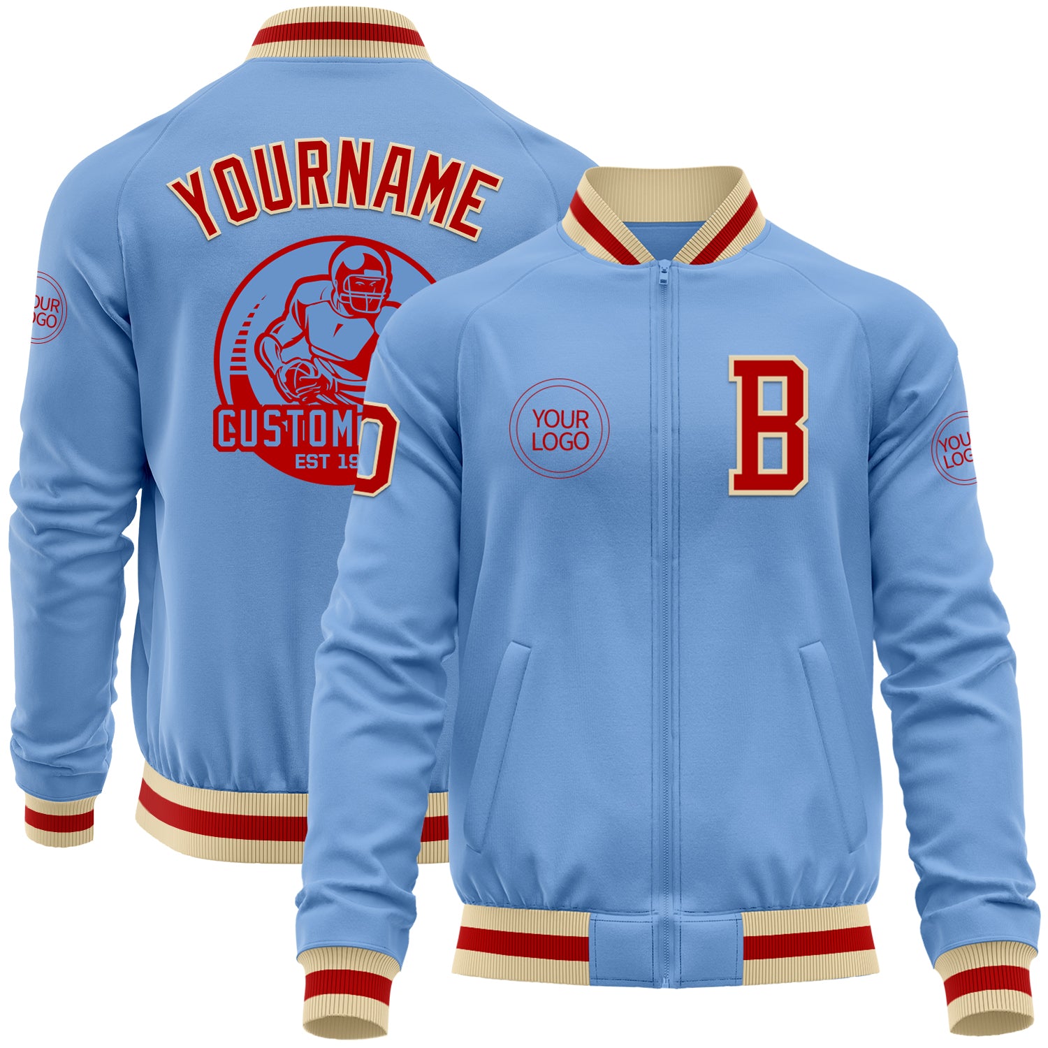 2025 Custom Light Blue Red-Cream Bomber Varsity Letterman Zipper Jacket ...