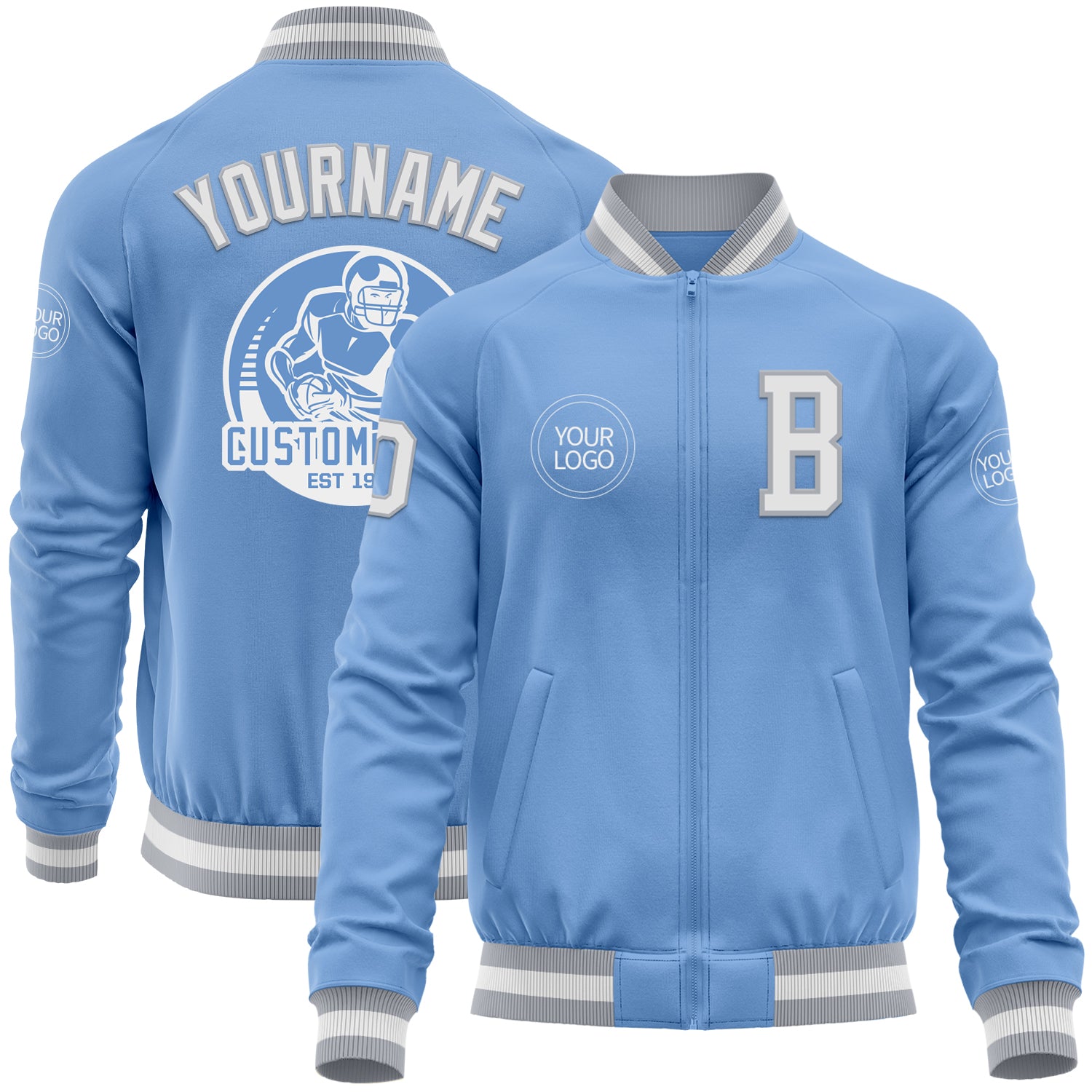 2025 Custom Light Blue White-Gray Bomber Varsity Letterman Zipper ...