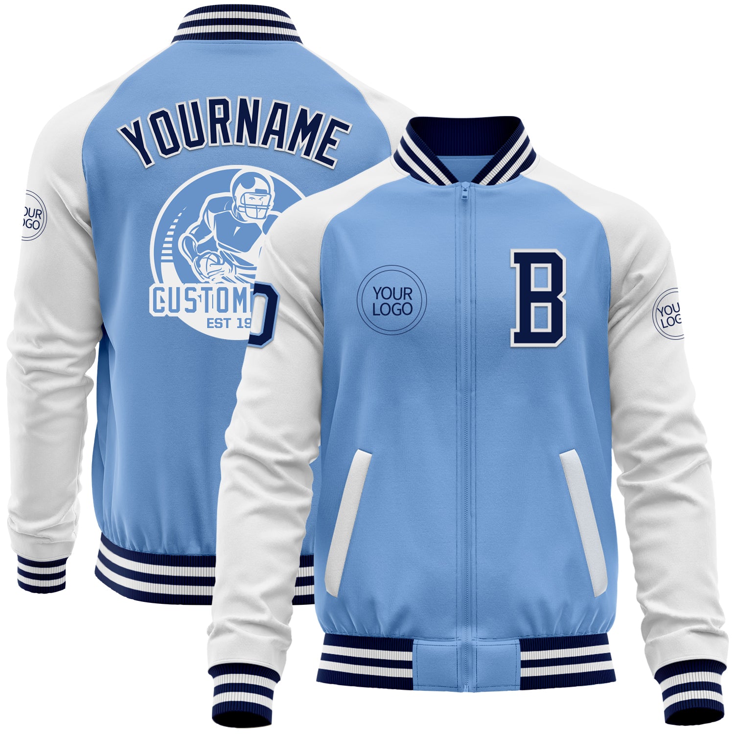 2025 Custom Light Blue Navy-White Bomber Varsity Letterman Two Tone ...