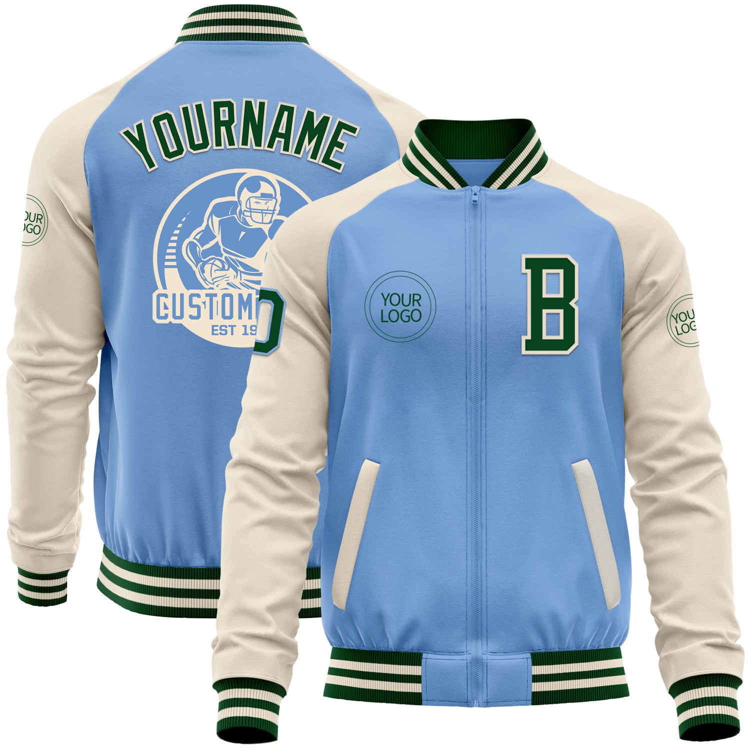 2025 Custom Light Blue Green-Cream Bomber Varsity Letterman Two Tone ...